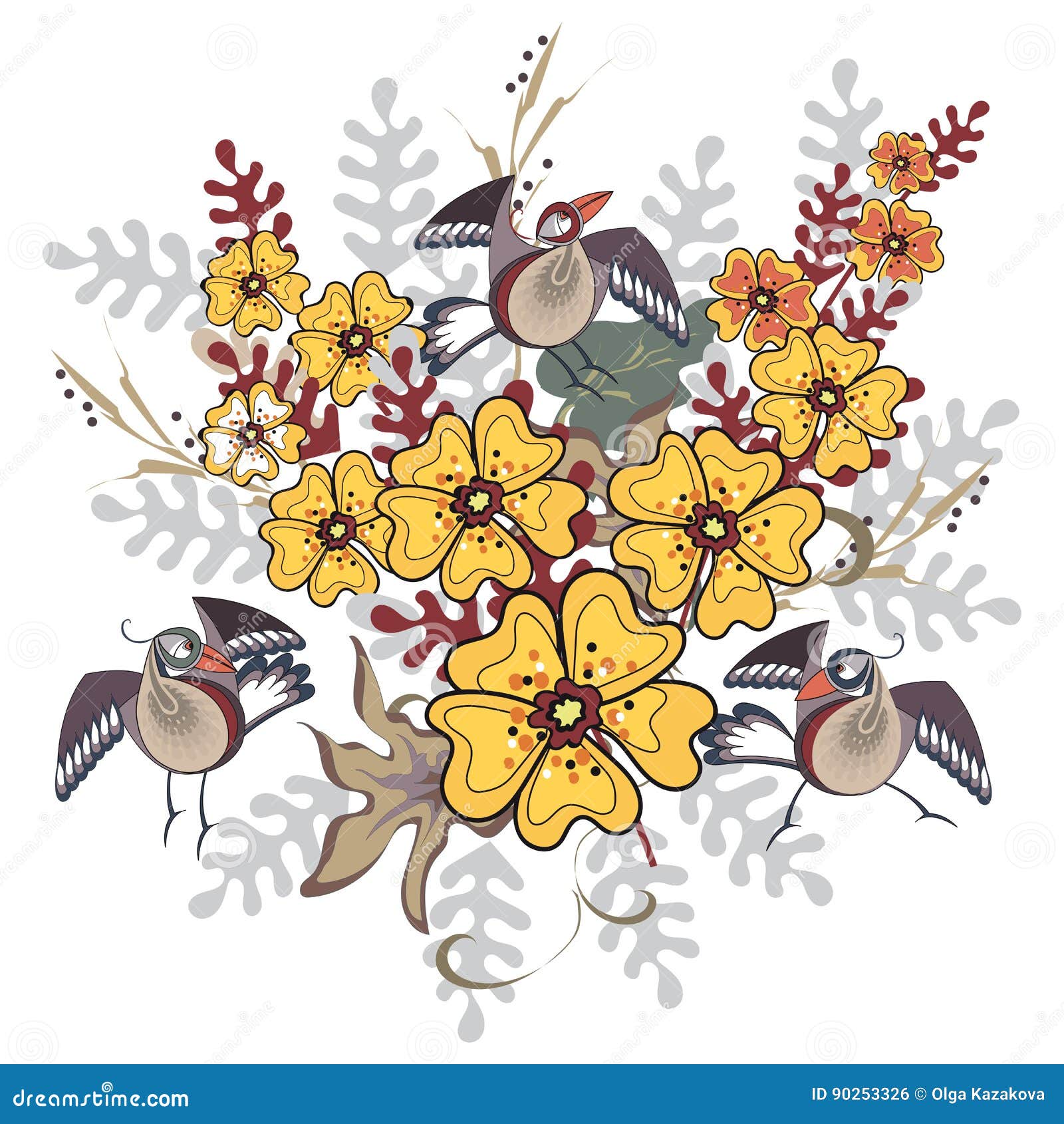 Birds on the flowers stock vector. Illustration of plants - 90253326