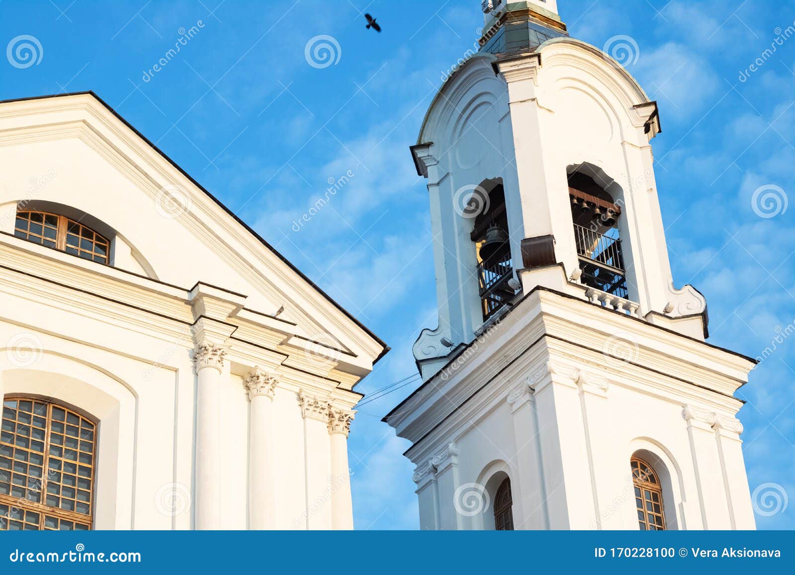 Birds Fly at Facade of White Temple with Bells Stock Photo - Image of ...