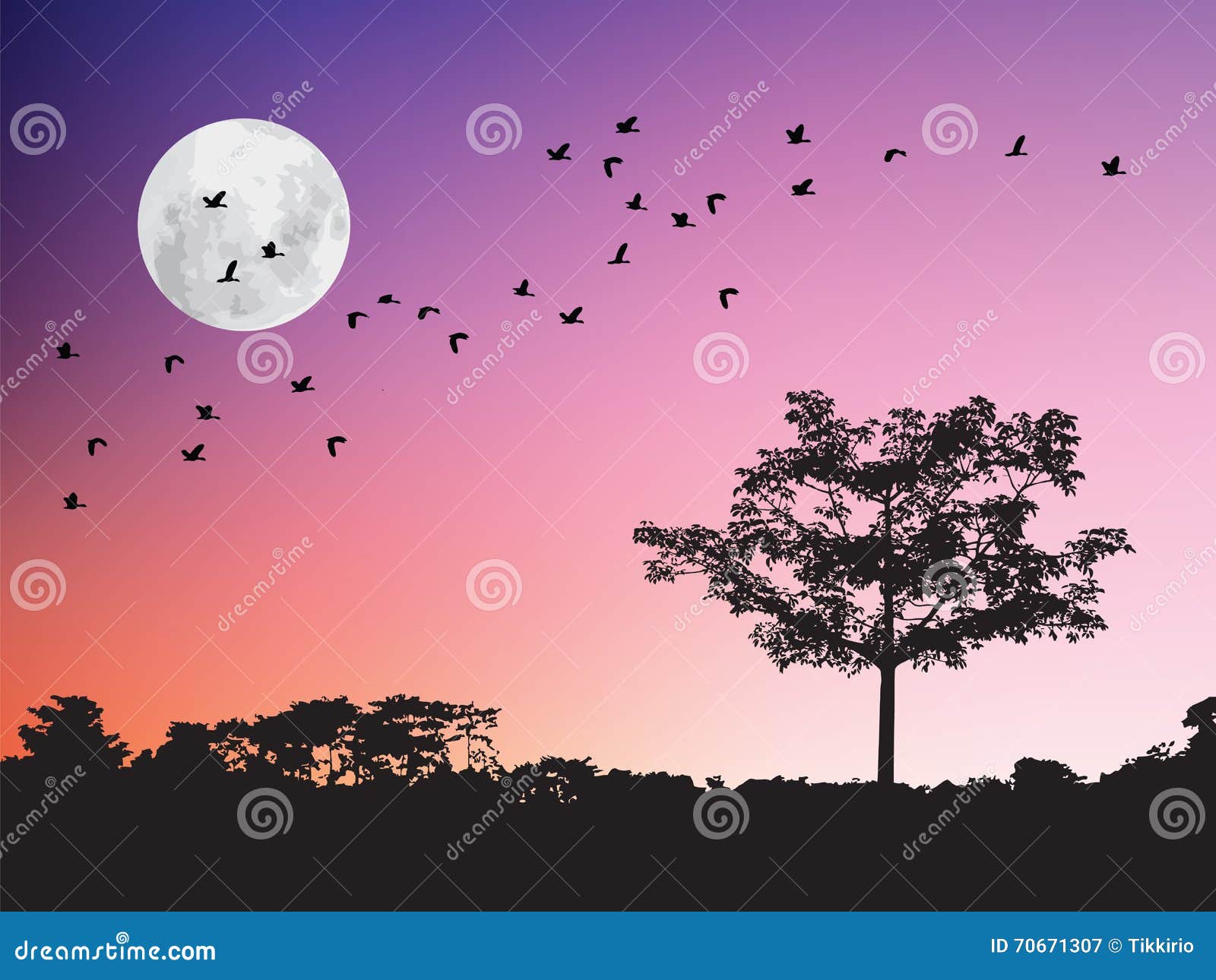 Birds Flying Over The Moon And Tree Silhouette In Twilight Sunset ...