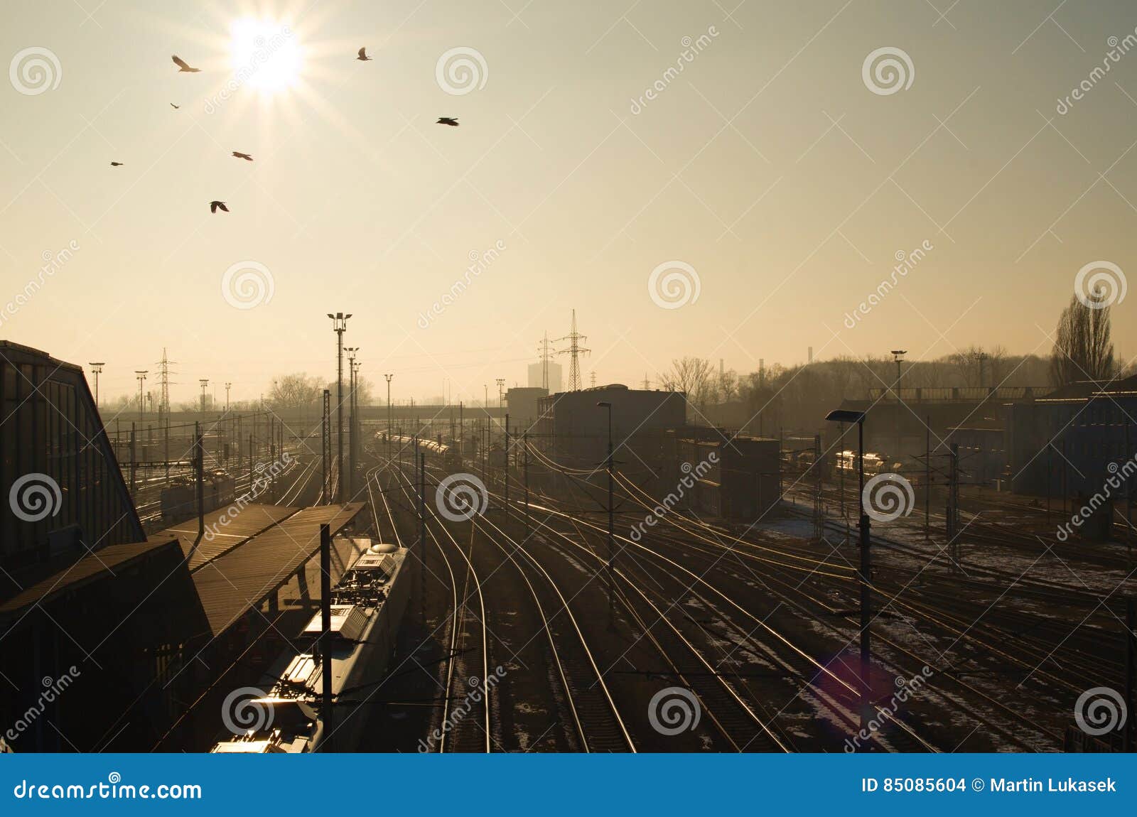 Birds Flying through Sun Over Train Station Stock Photo - Image of smog ...