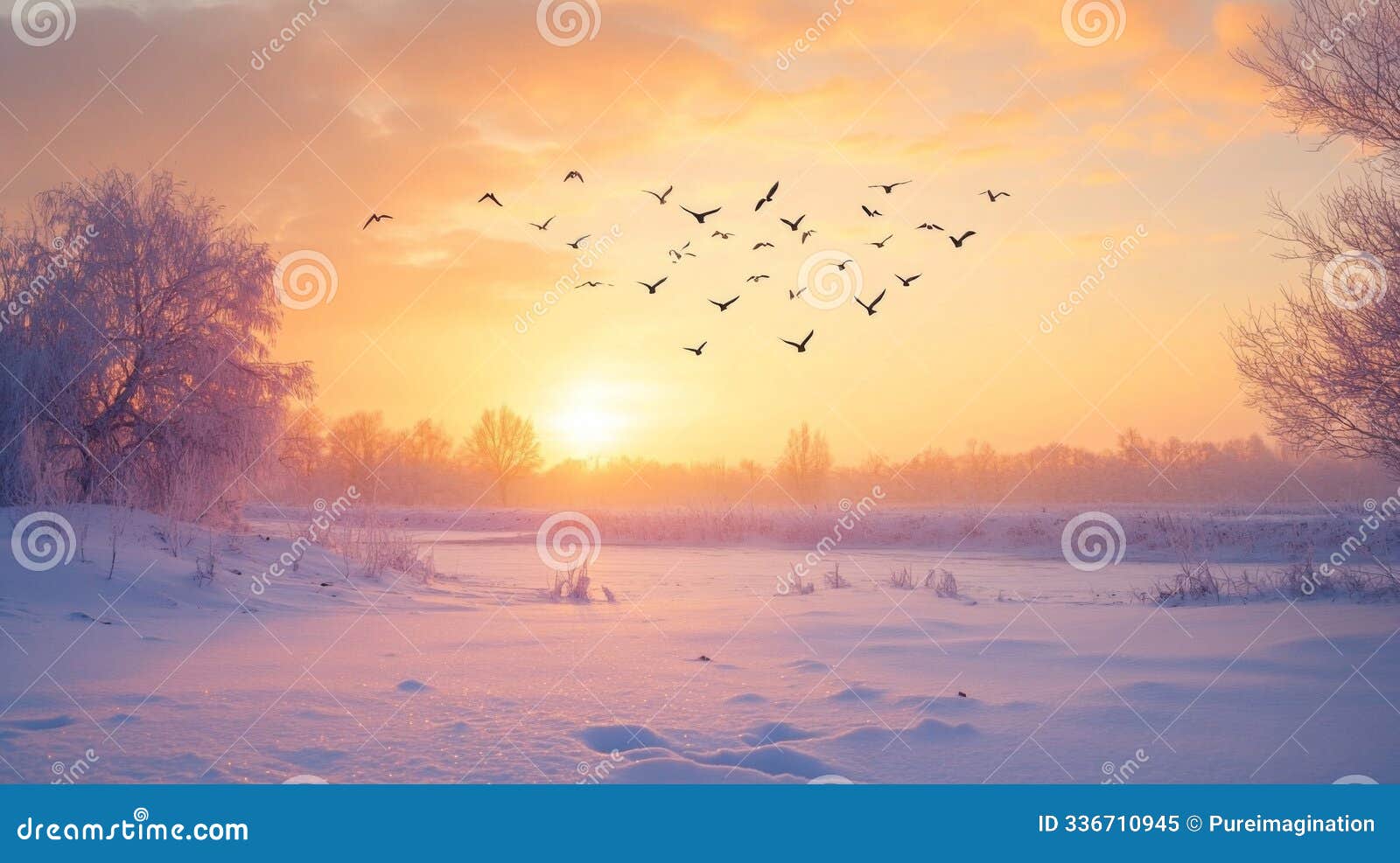 Birds Flying in V Formation Over a Snowy Landscape at Sunset Stock ...