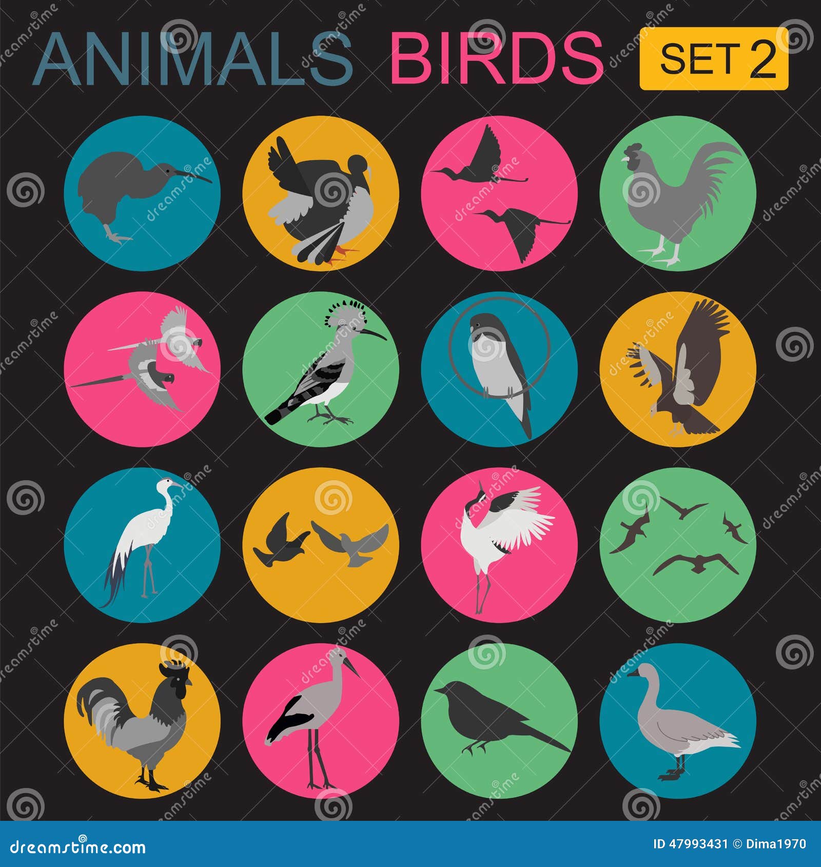 Birds Icon Set. Vector Flat Style Stock Vector - Illustration of heron ...