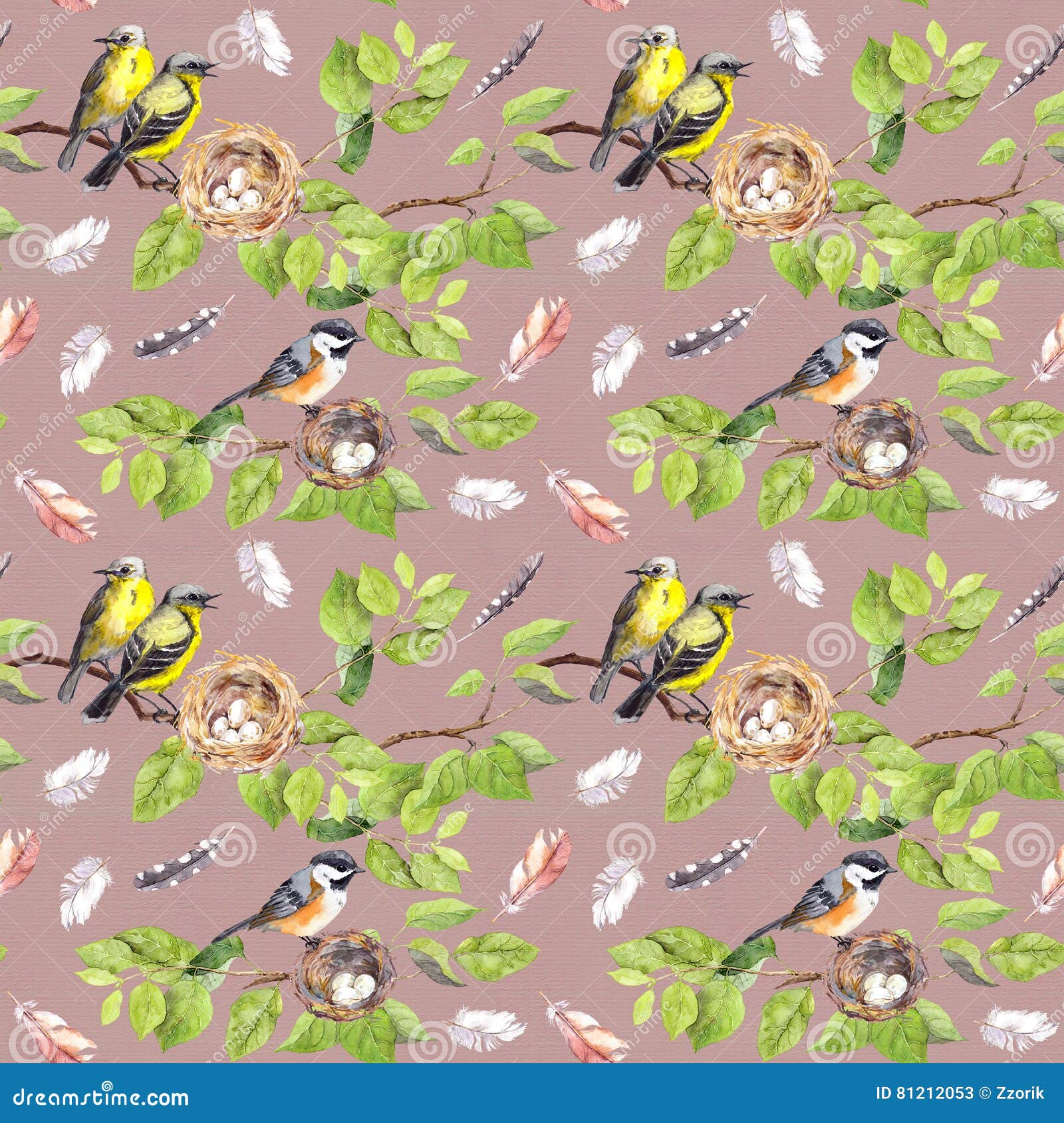 Birds, Nest on Branch. Seamless Repeating Pattern. Watercolor Stock ...