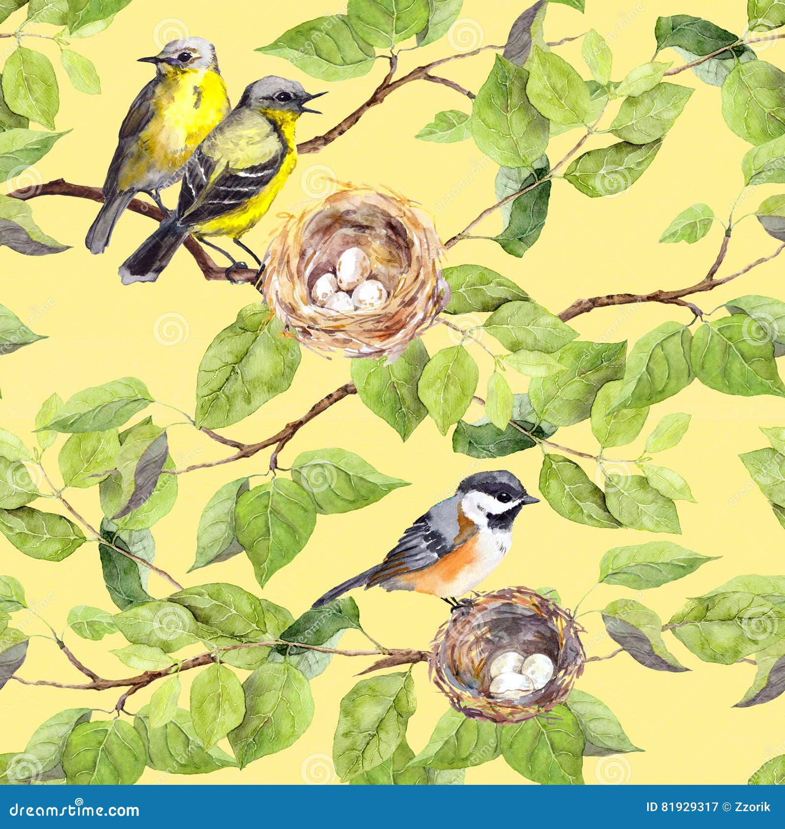 Birds, Nest on Branch. Seamless Repeating Pattern. Watercolor Stock ...