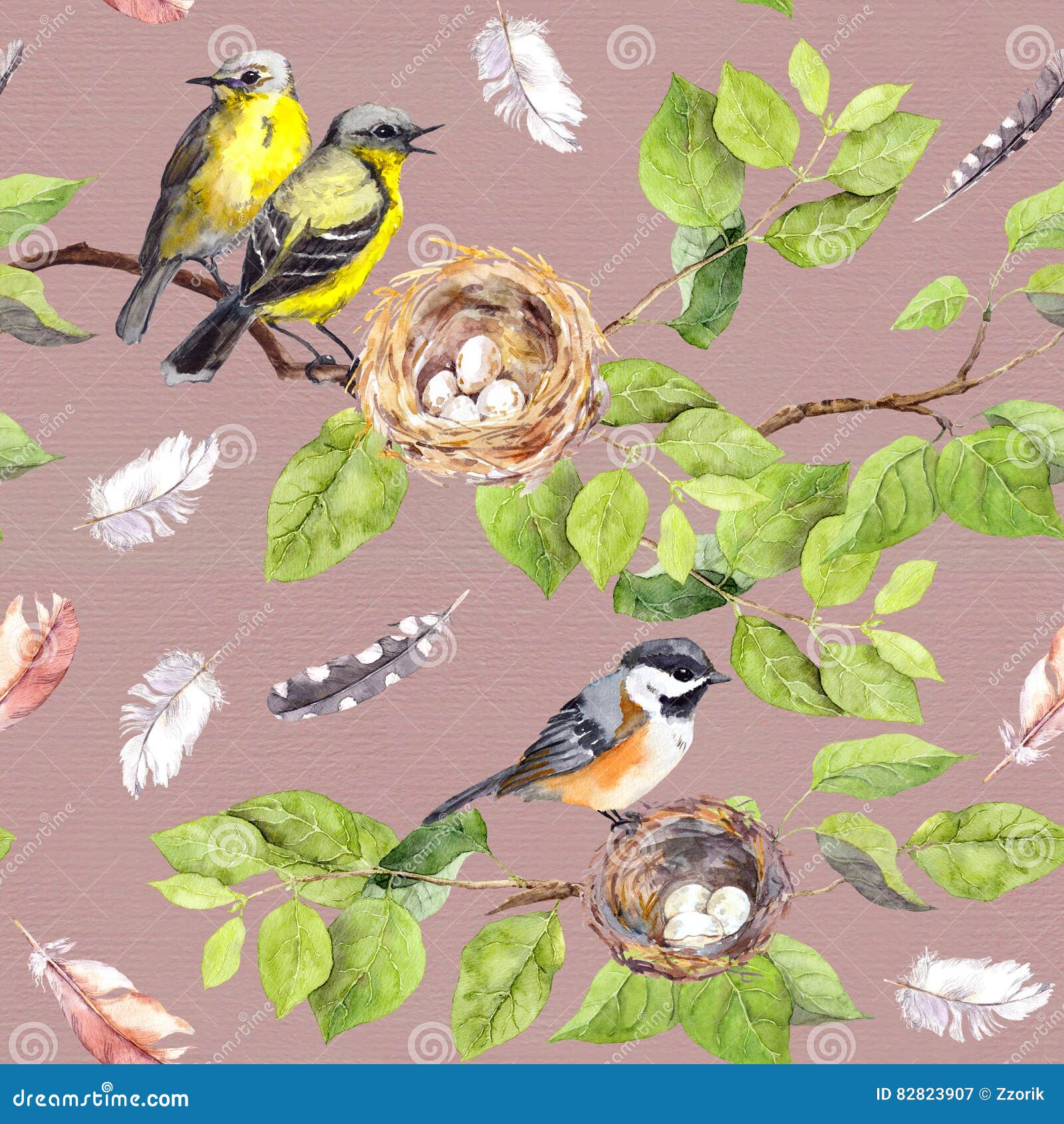 Birds, Nest on Branch. Seamless Repeating Pattern. Watercolor Stock ...