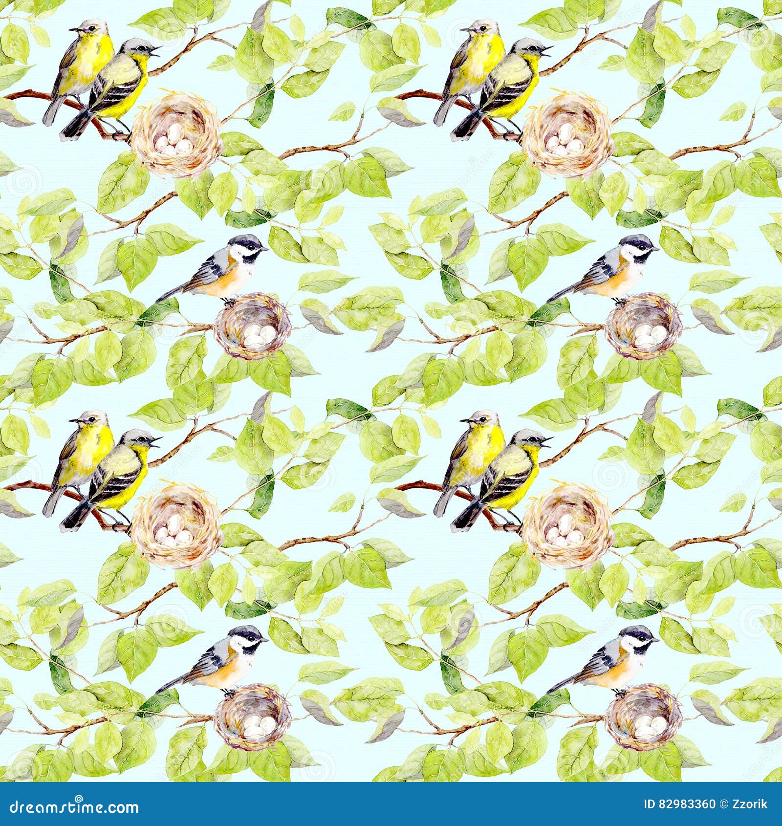 Birds, Nest on Branch. Seamless Repeating Pattern. Watercolor Stock ...