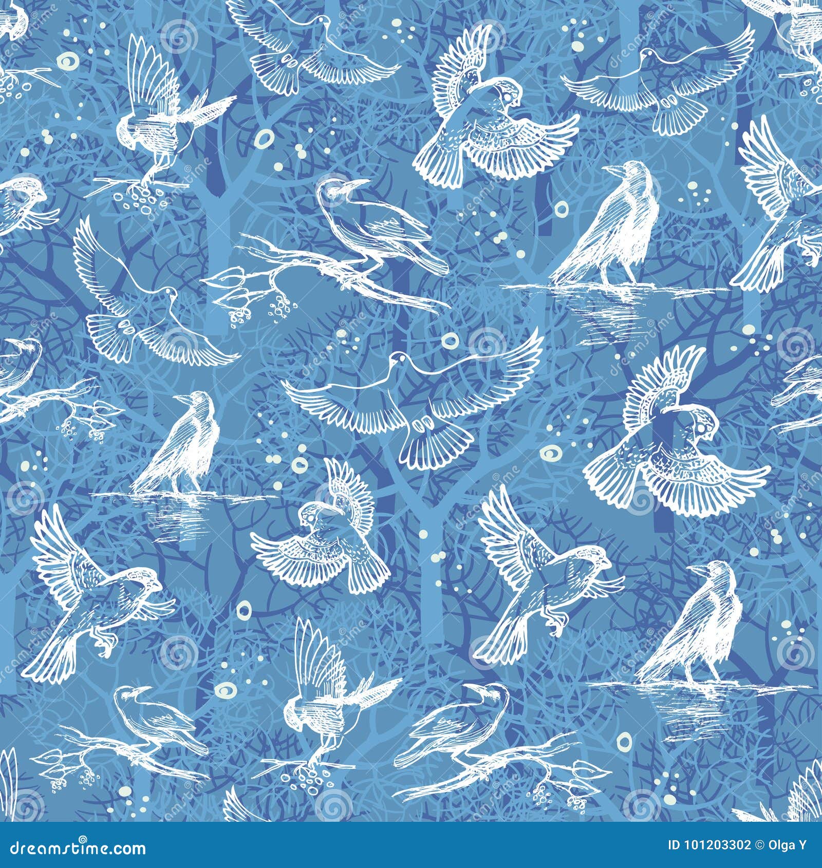 Birds Pattern. Cute Seamless Texture With Small White Birds And Trees ...