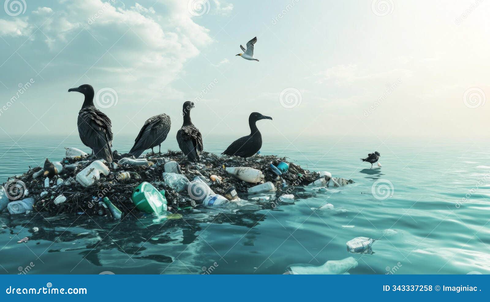 Birds Perched on a Pile of Plastic Waste in the Ocean Stock ...