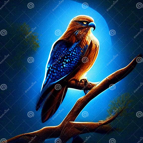 Birds Of Prey On A Tree Branch In Front Of The Moon Generative Ai Stock Illustration