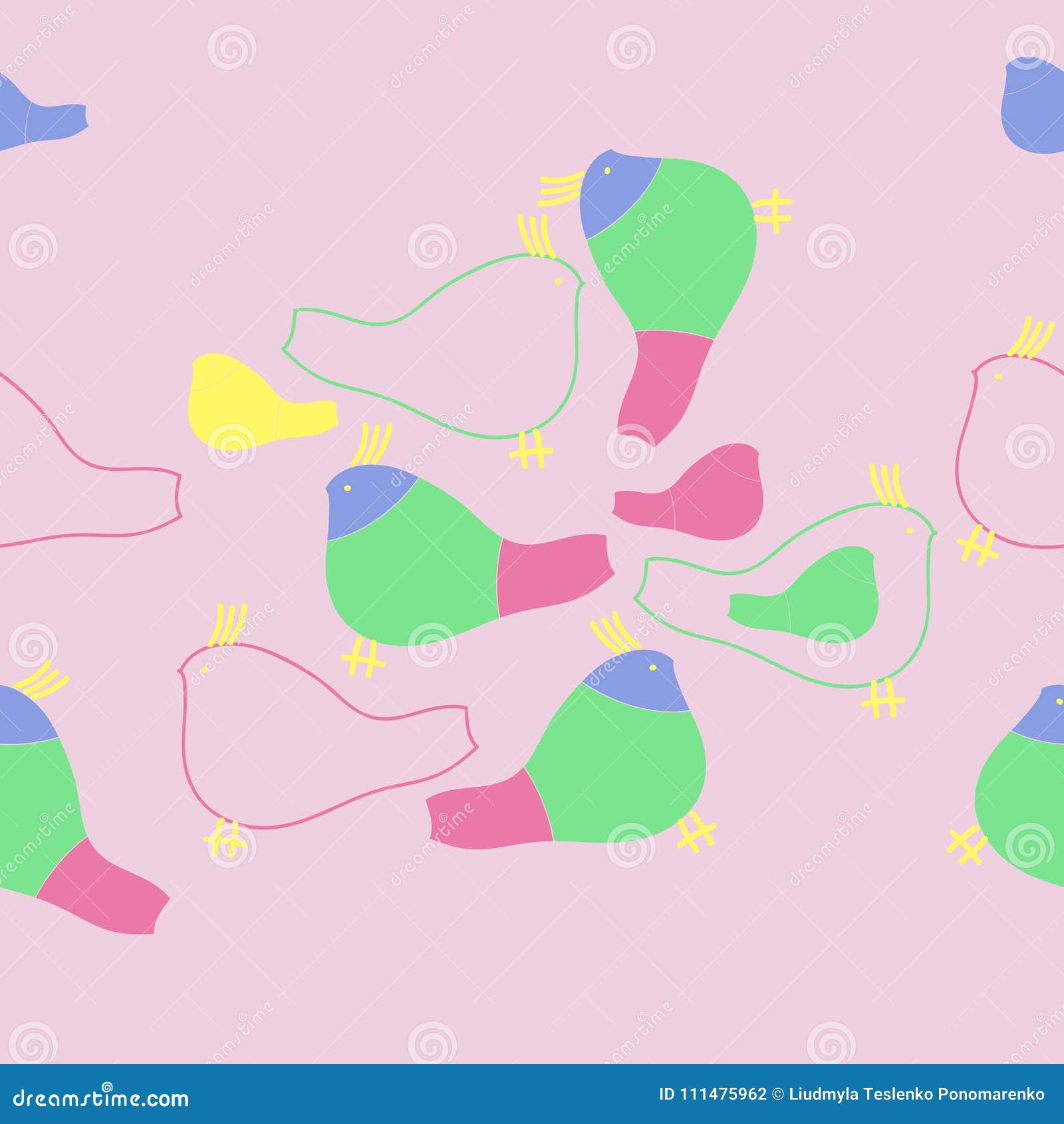 Birds Seamless Horizontal Pattern, Stripes, Spots . Hand Drawn Stock ...