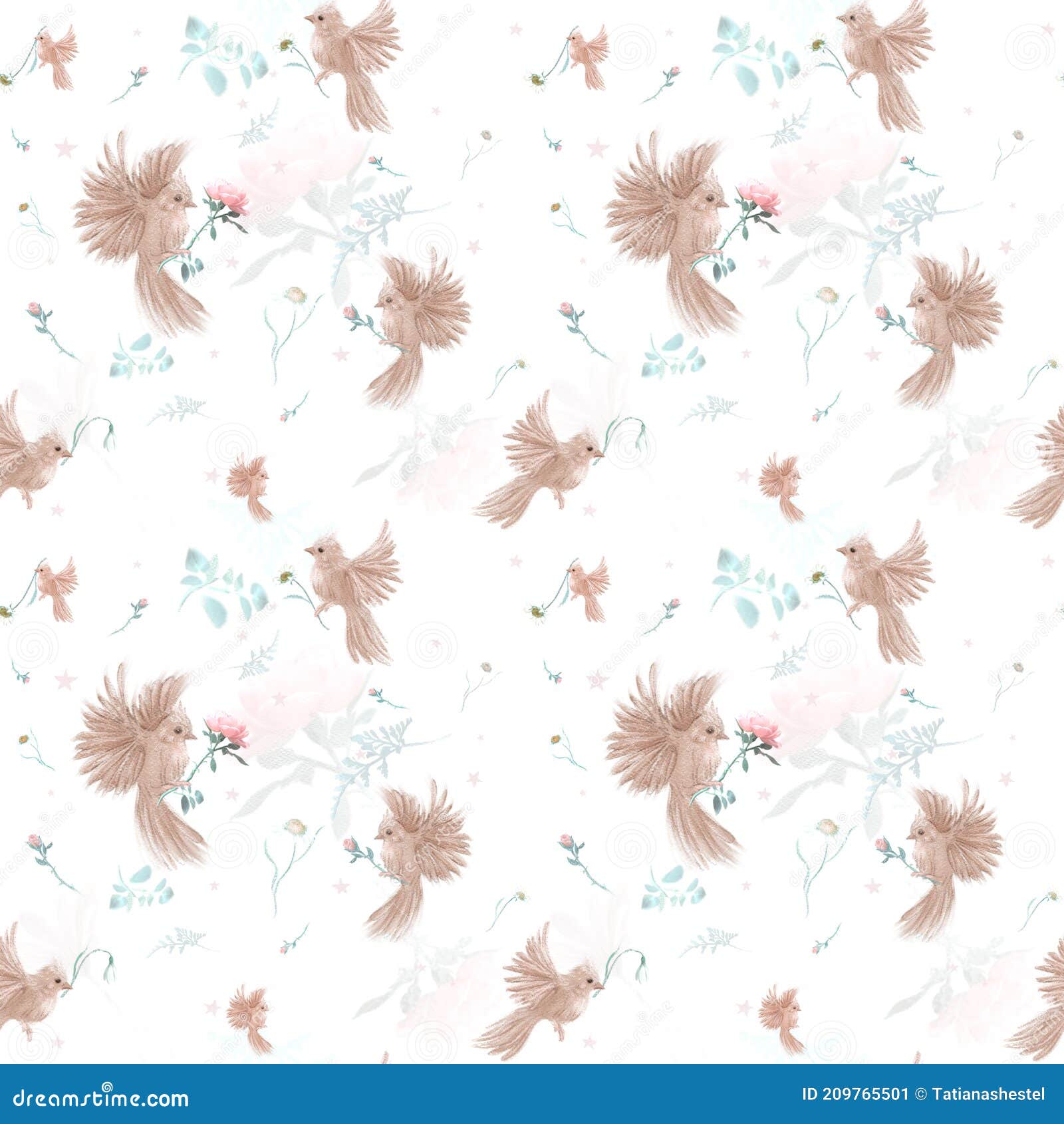 Birds Seamless Repeat Tile Pattern on White Background. Flowers and ...