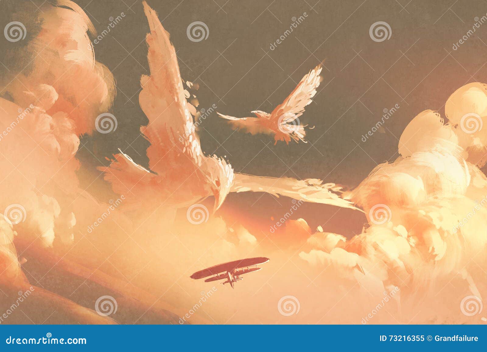 Birds Shaped Cloud in Sunset Sky Stock Illustration - Illustration of ...