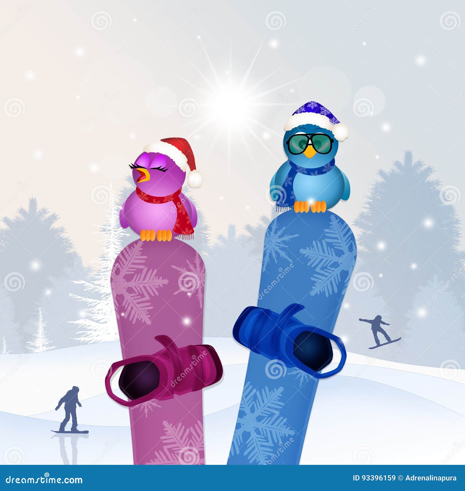 Birds on snowboard stock illustration. Illustration of nature - 93396159