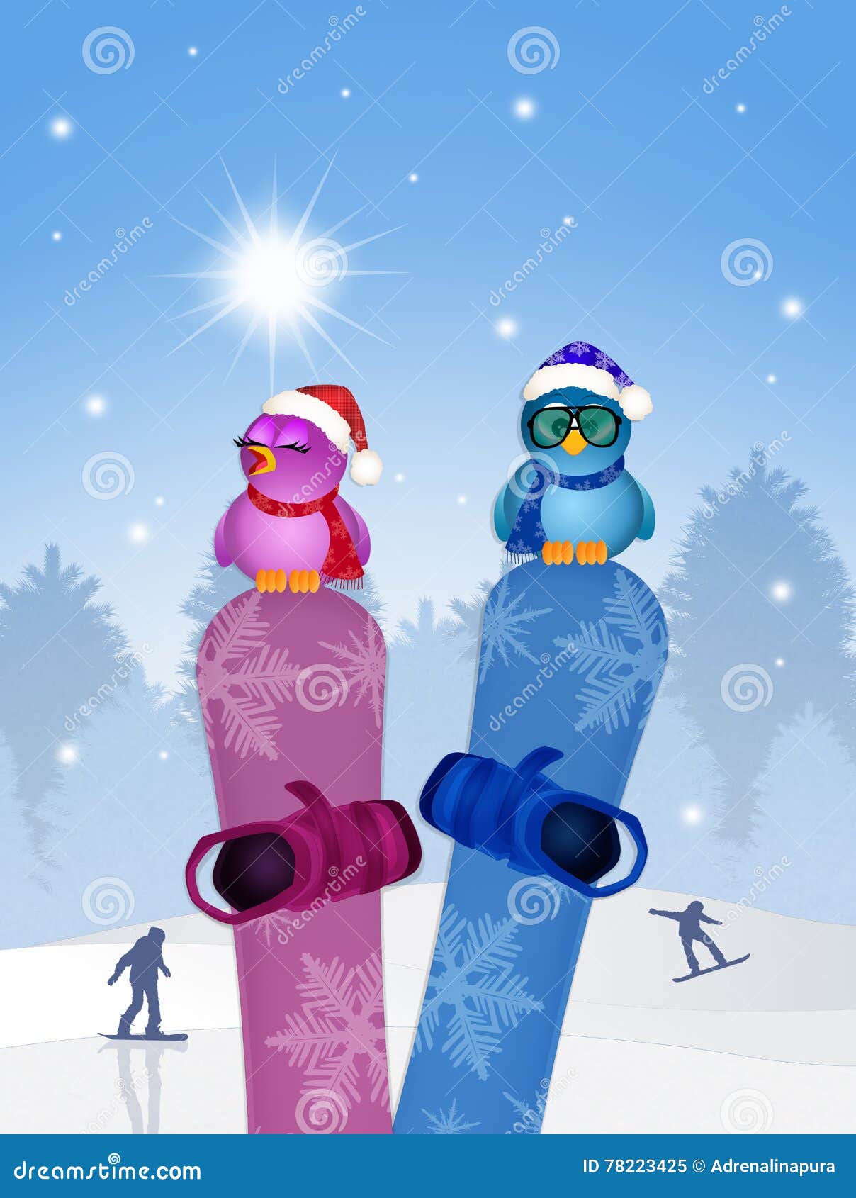 Birds on Snowboard in Winter Stock Illustration - Illustration of funny ...