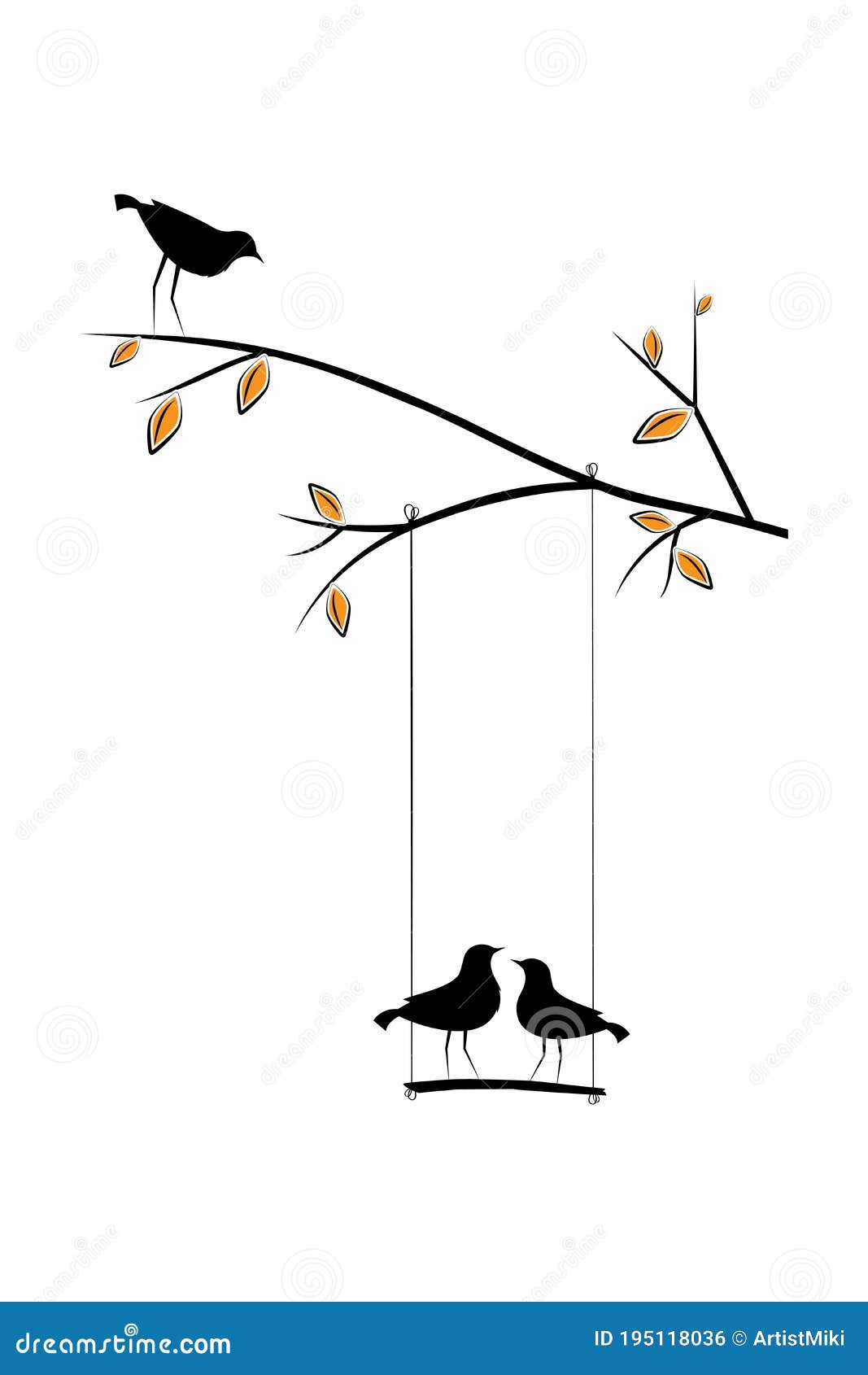Birds Couple Silhouettes, Vector. Birds on Swing on Branch. Wall Decals ...