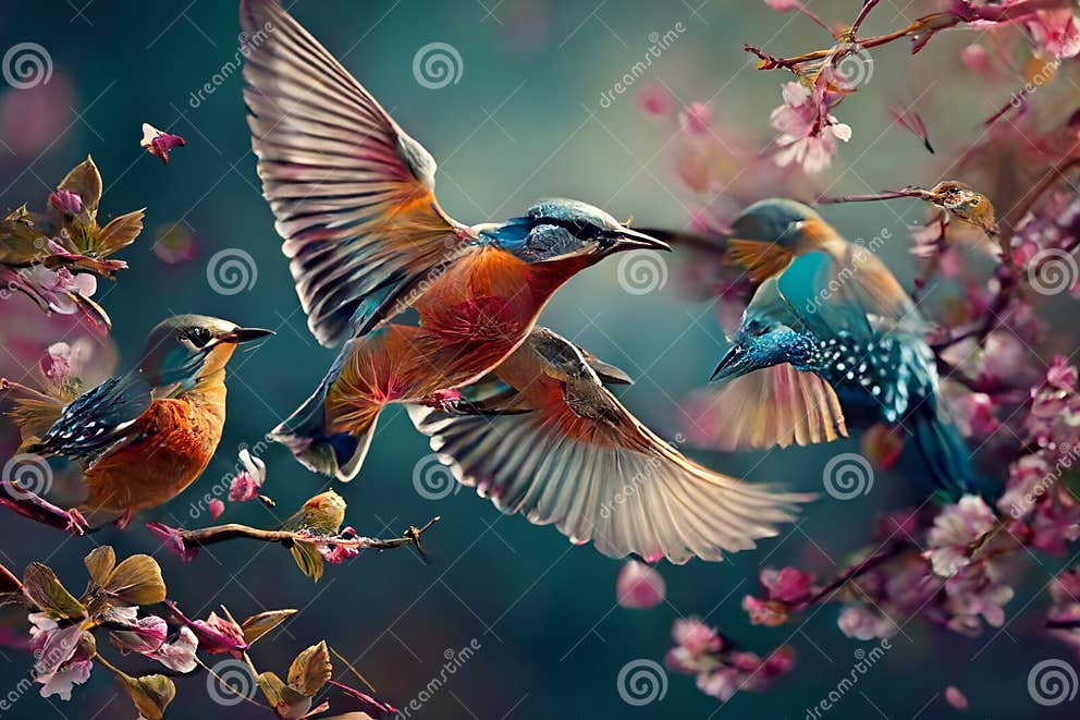 Birds Taking Flight in Spring, Visual Concept Stock Illustration ...