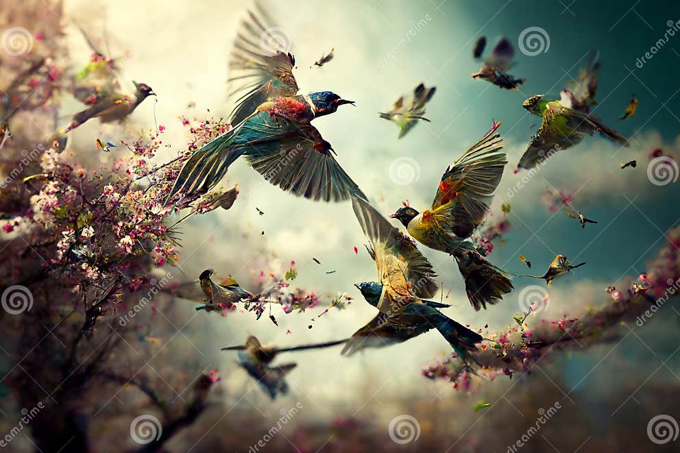 Birds Taking Flight in Spring, Visual Concept Stock Illustration ...