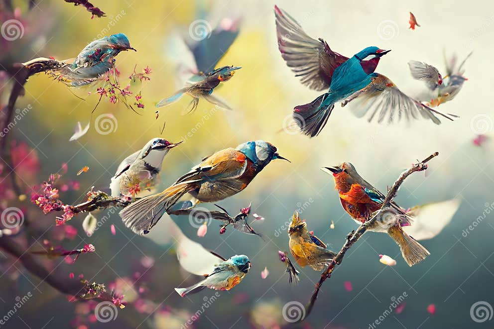 Birds Taking Flight in Spring, Visual Concept Stock Illustration ...