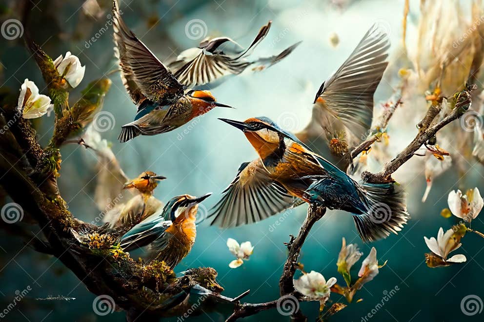 Birds Taking Flight in Spring, Visual Concept Stock Illustration ...