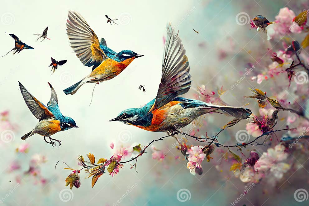 Birds Taking Flight in Spring, Visual Concept Stock Illustration ...