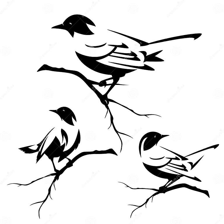 Birds on Tree Branches Black Vector Set Stock Vector - Illustration of ...