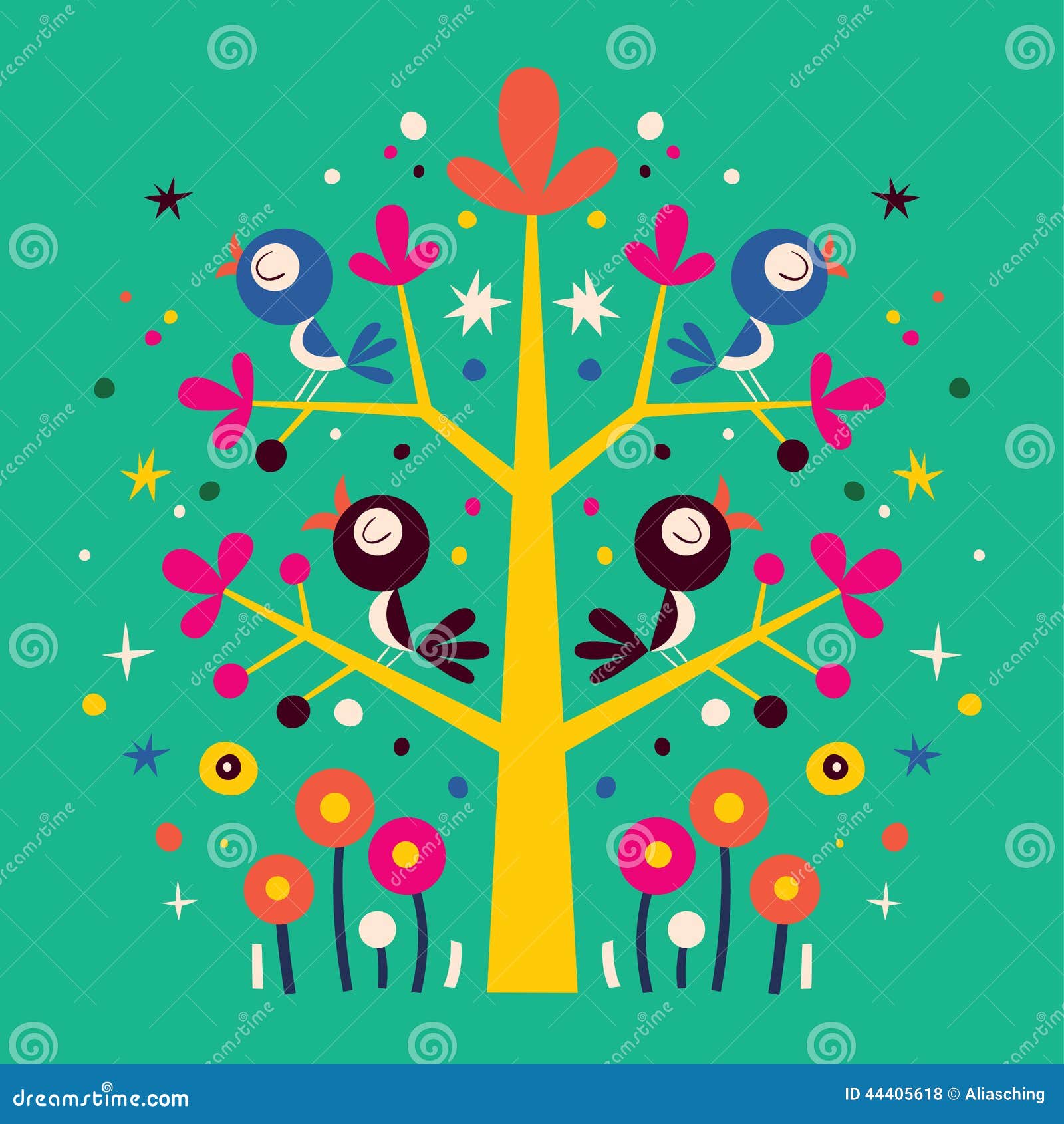Birds in the Tree Nature Illustration Stock Vector - Illustration of ...