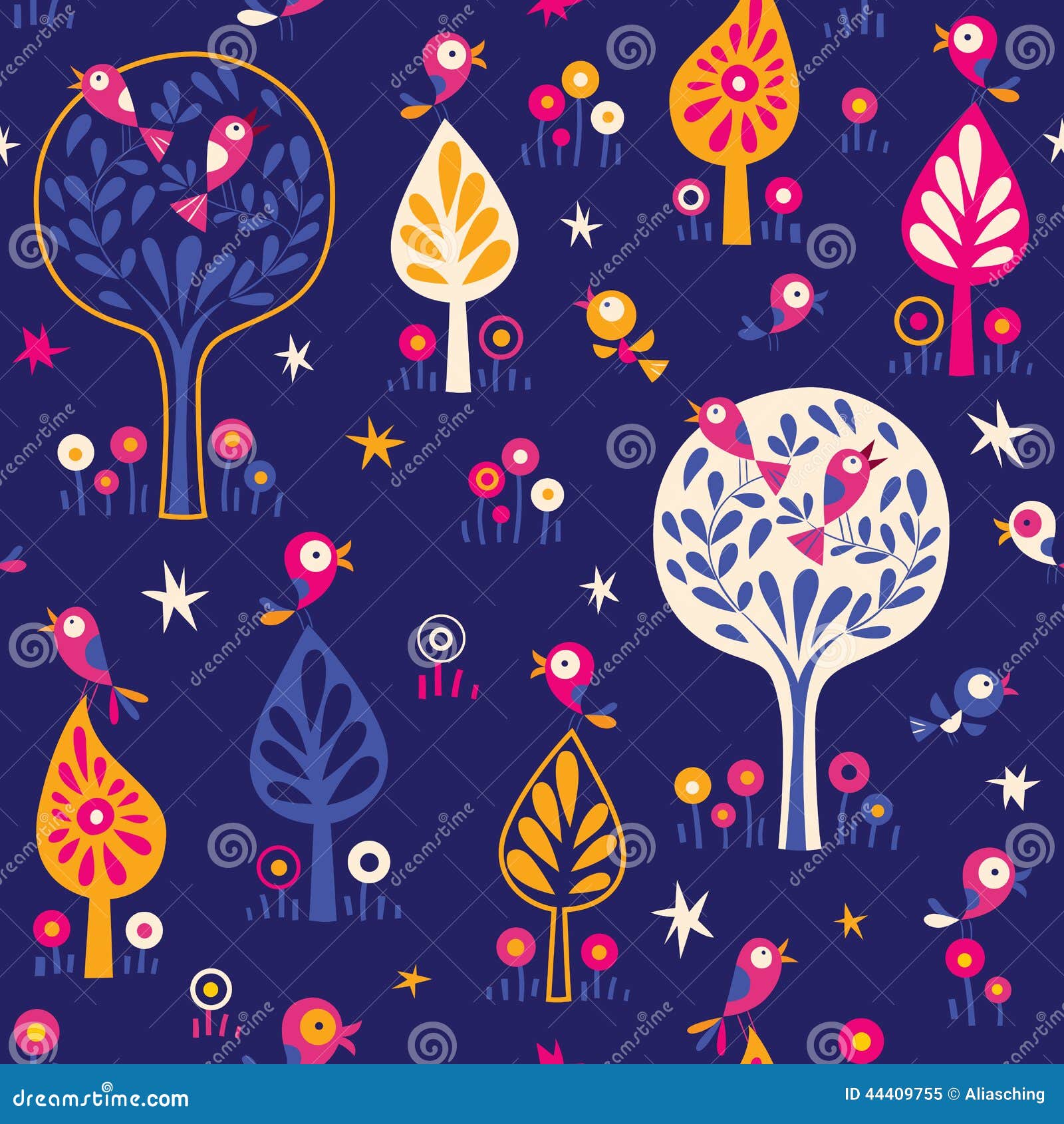 Birds in the Trees Nature Forest Night Pattern Stock Vector ...