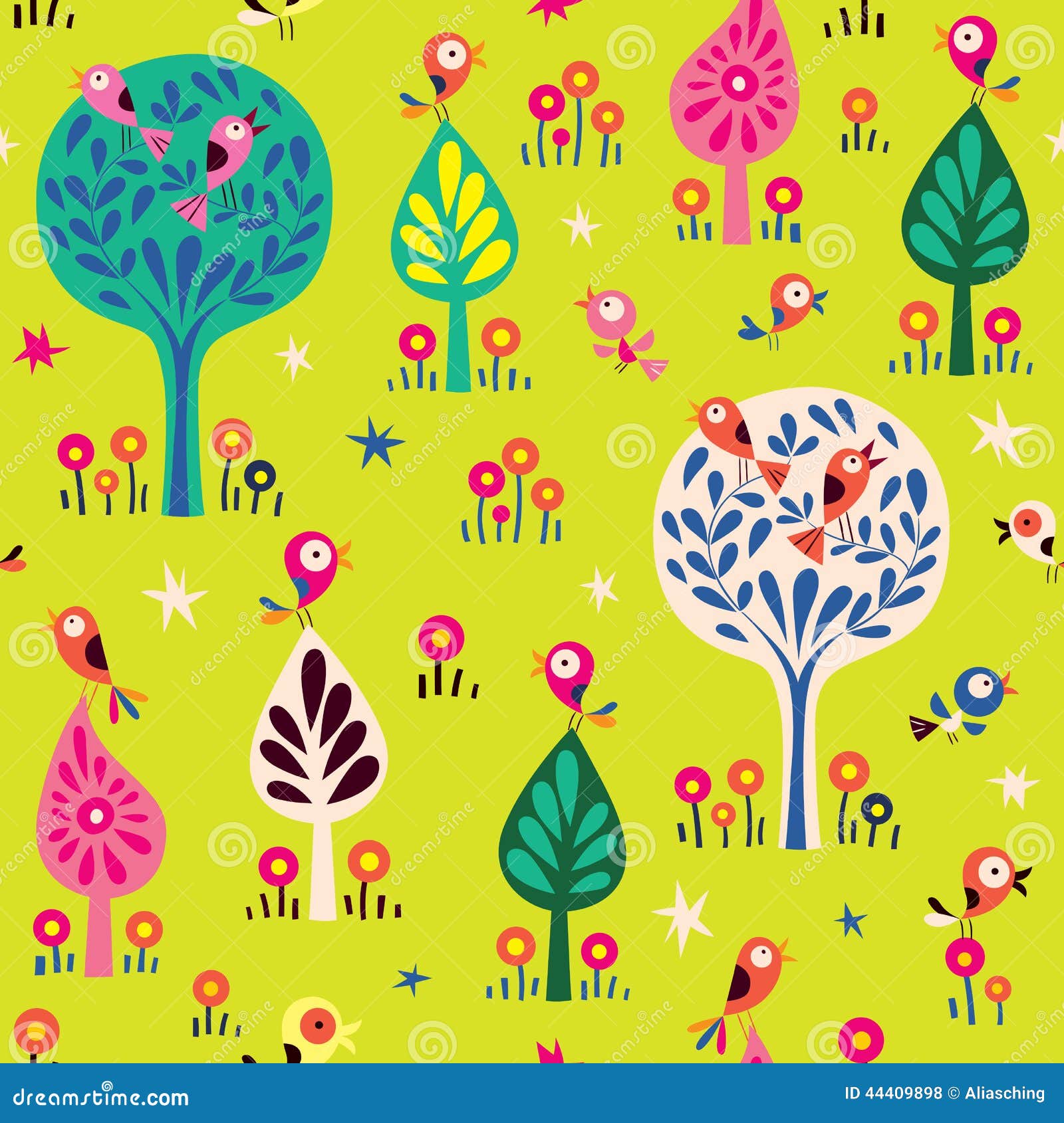 Birds in the Trees Nature Forest Pattern Stock Vector - Illustration of ...
