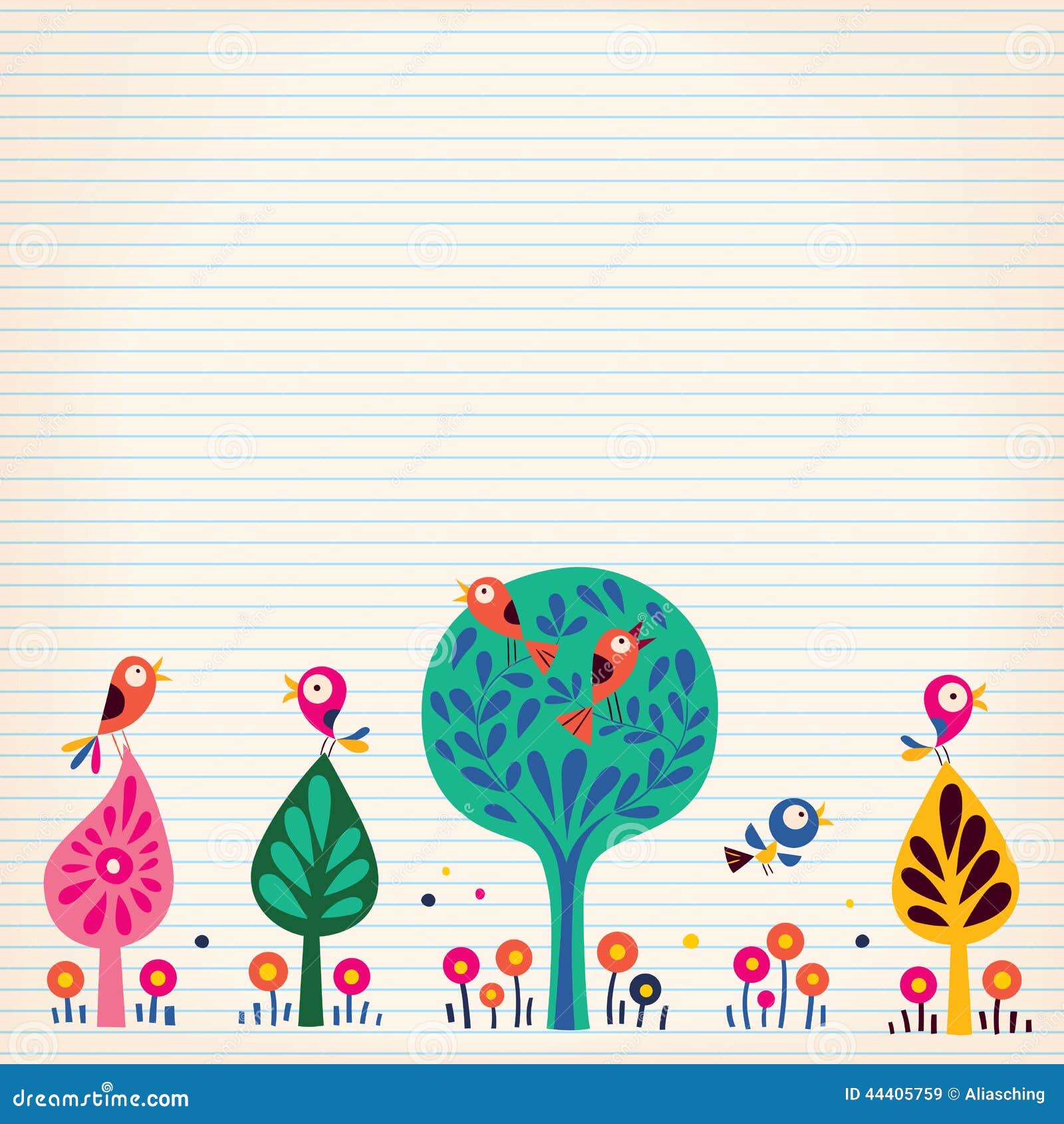 Birds In The Trees Nature Illustration Lined Paper Background Cartoon ...