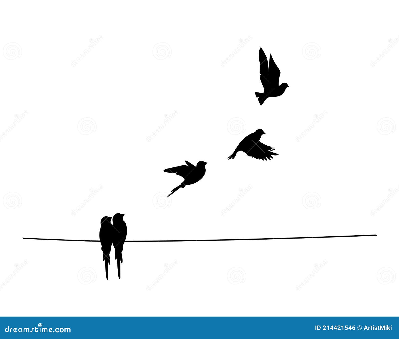 Birds on Wire and Flying Birds Silhouettes, Vector. Stock Vector ...