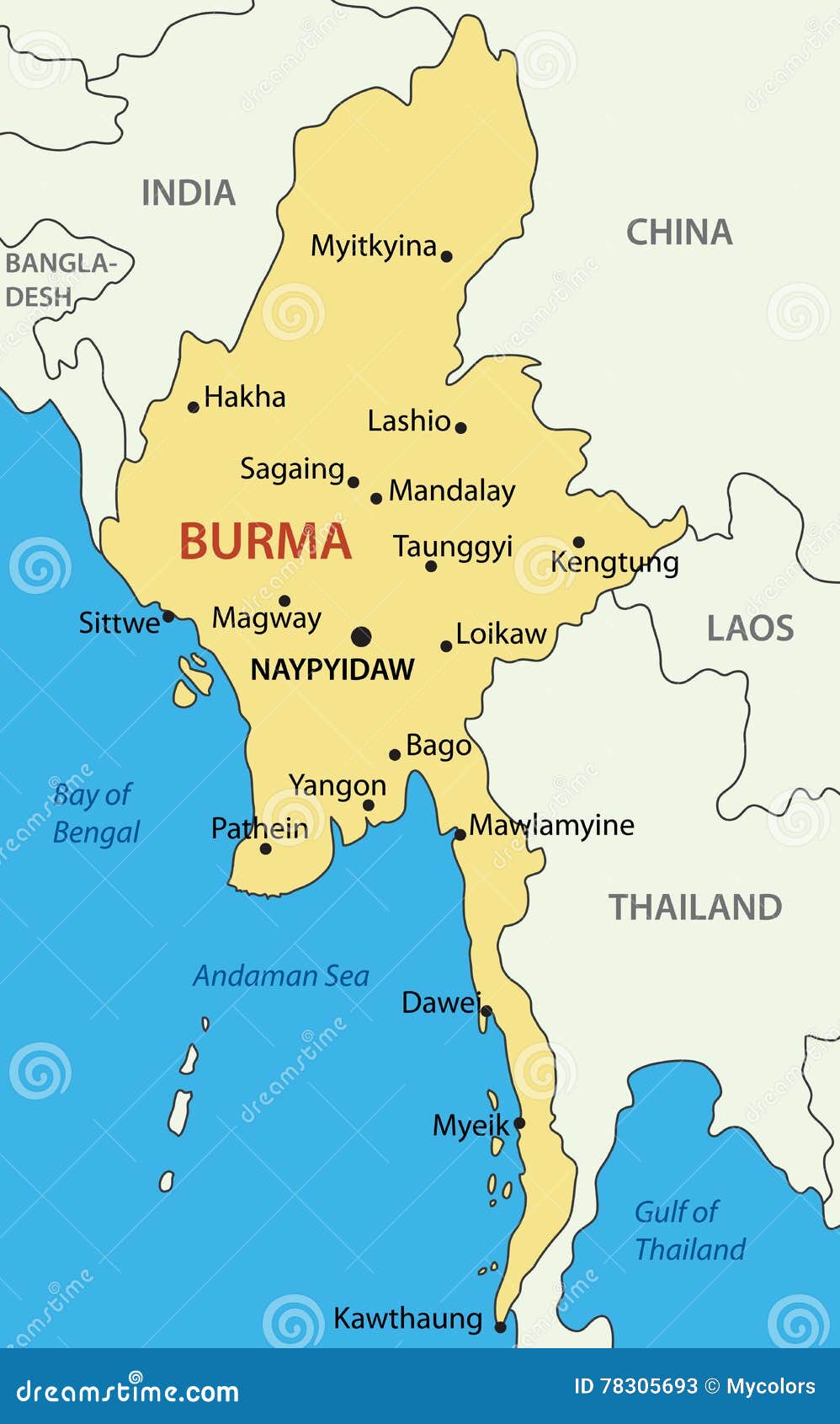 Birma - kaart van land vector illustratie. Illustration of birma - 78305693