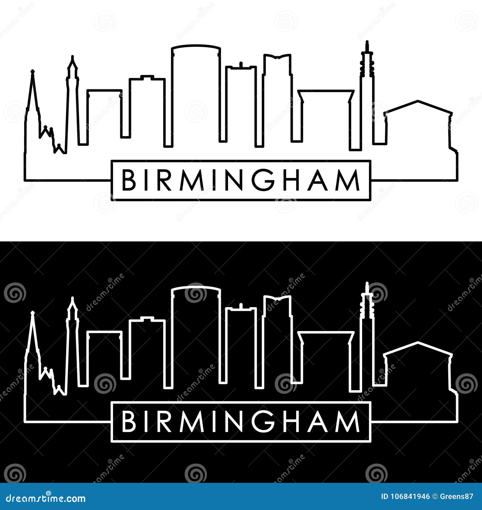 Minimal Birmingham Linear City Skyline With Typographic Design Cartoon ...
