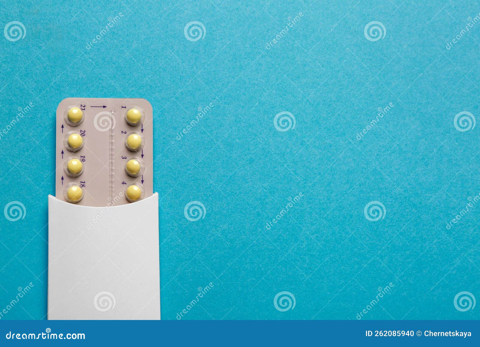 Birth Control Pills on Light Blue Background, Top View. Space for Text ...