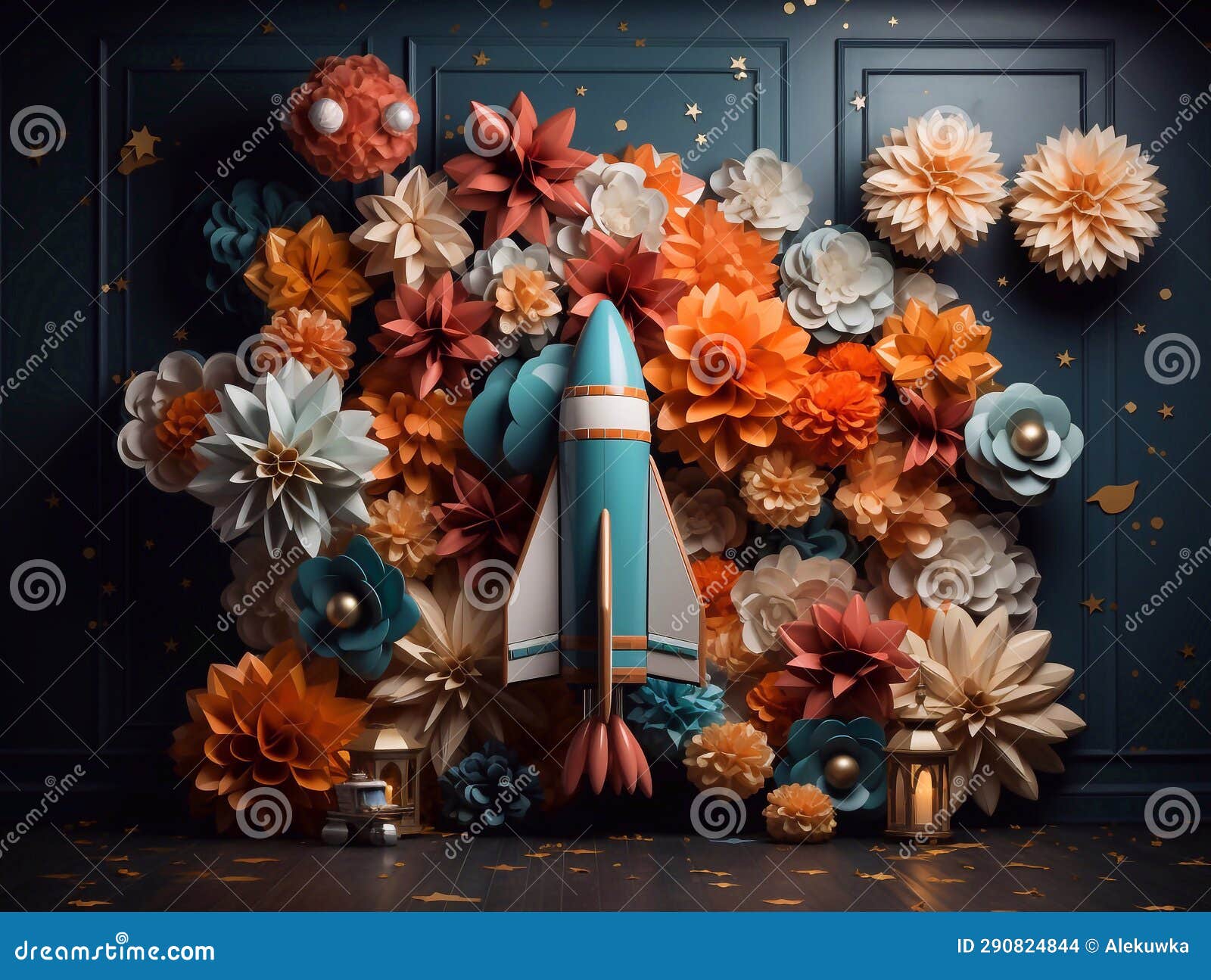 Birthday Backdrop with Space Props, Rocket Ship in the Background Stock ...