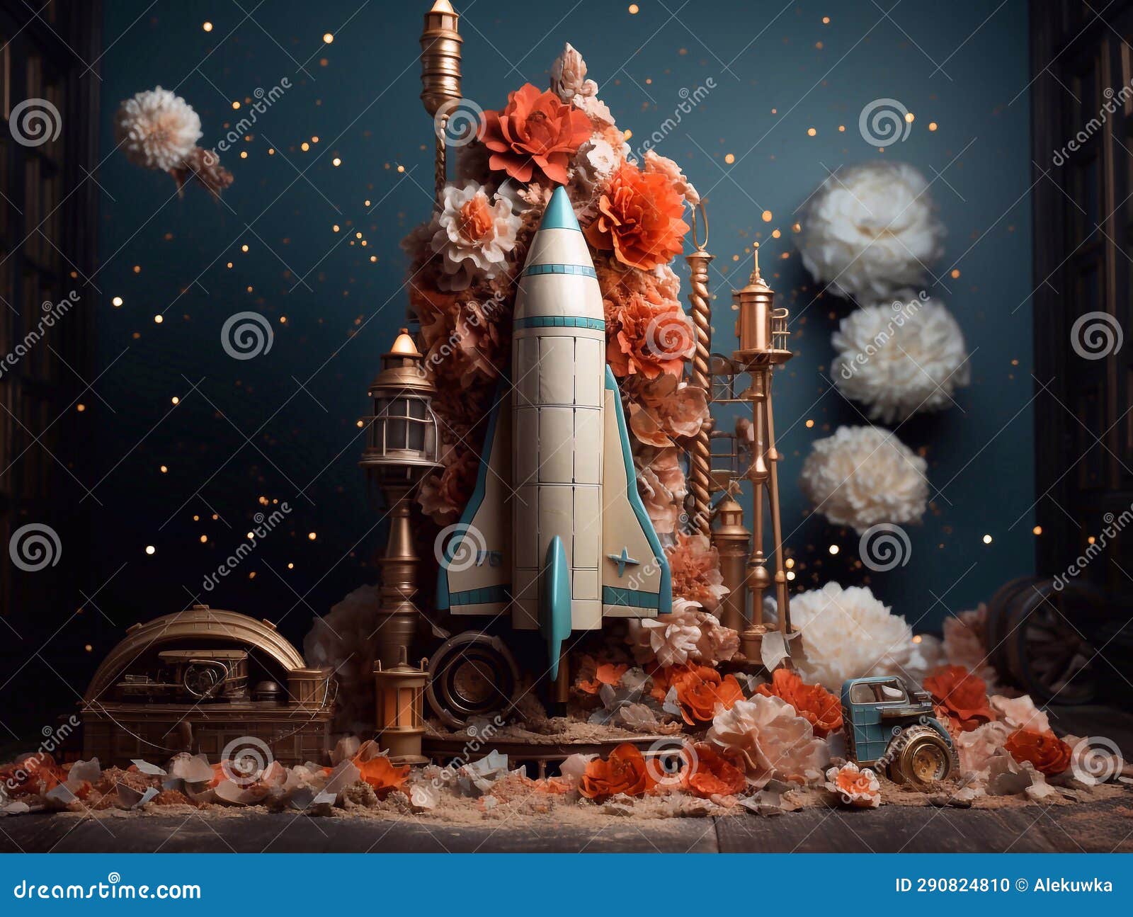 Birthday Backdrop with Space Props, Rocket Ship in the Background Stock ...