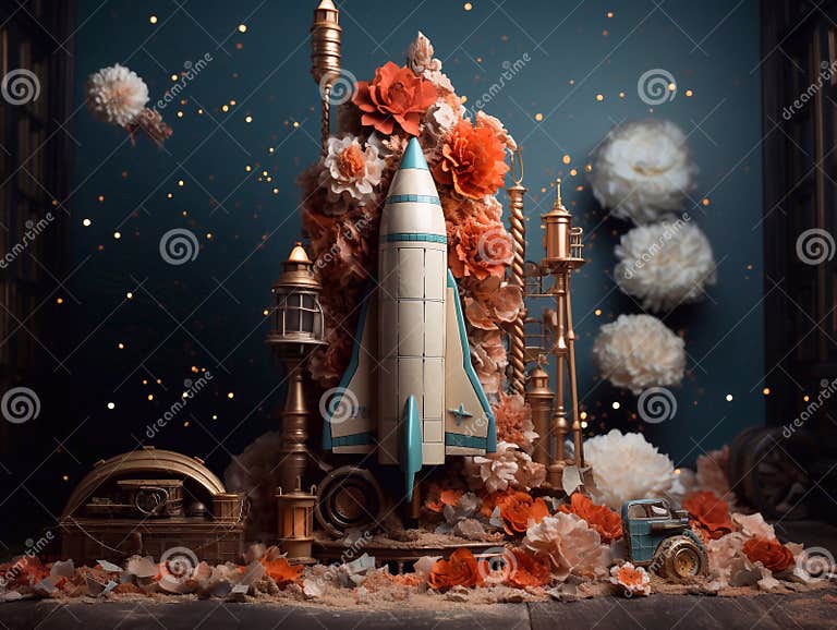 Birthday Backdrop with Space Props, Rocket Ship in the Background Stock ...