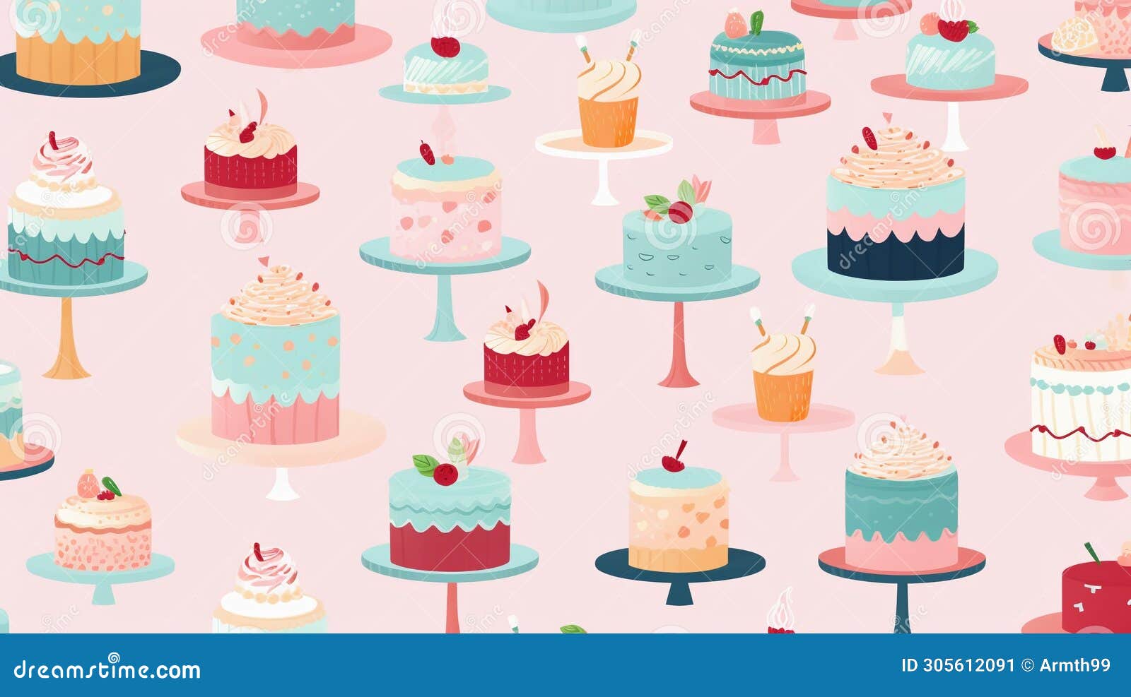 Birthday Background with Seamless Pattern of Different Cake Types Stock ...
