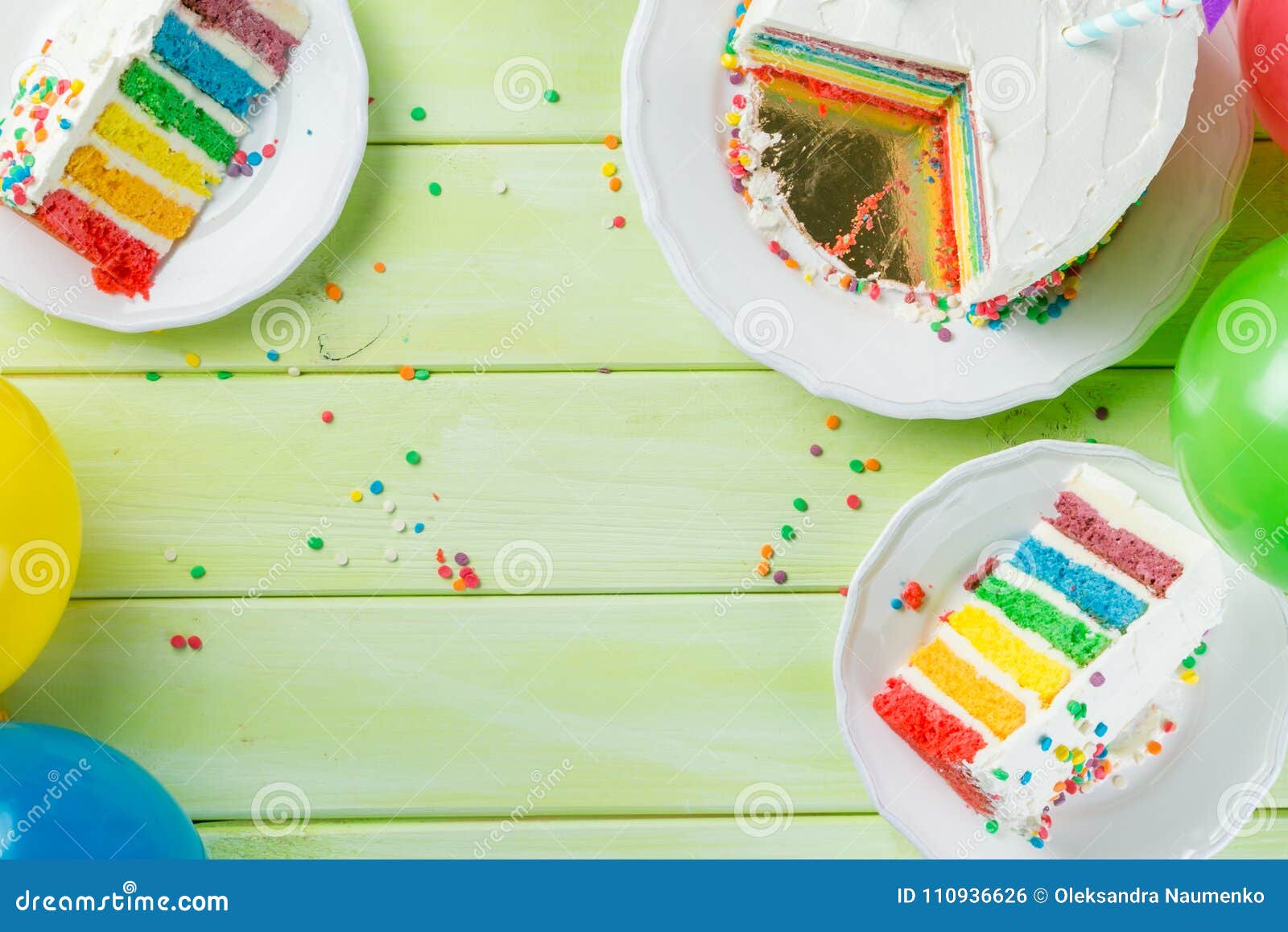 Birthday Background - Striped Rainbow Cake with White Frosting Stock ...