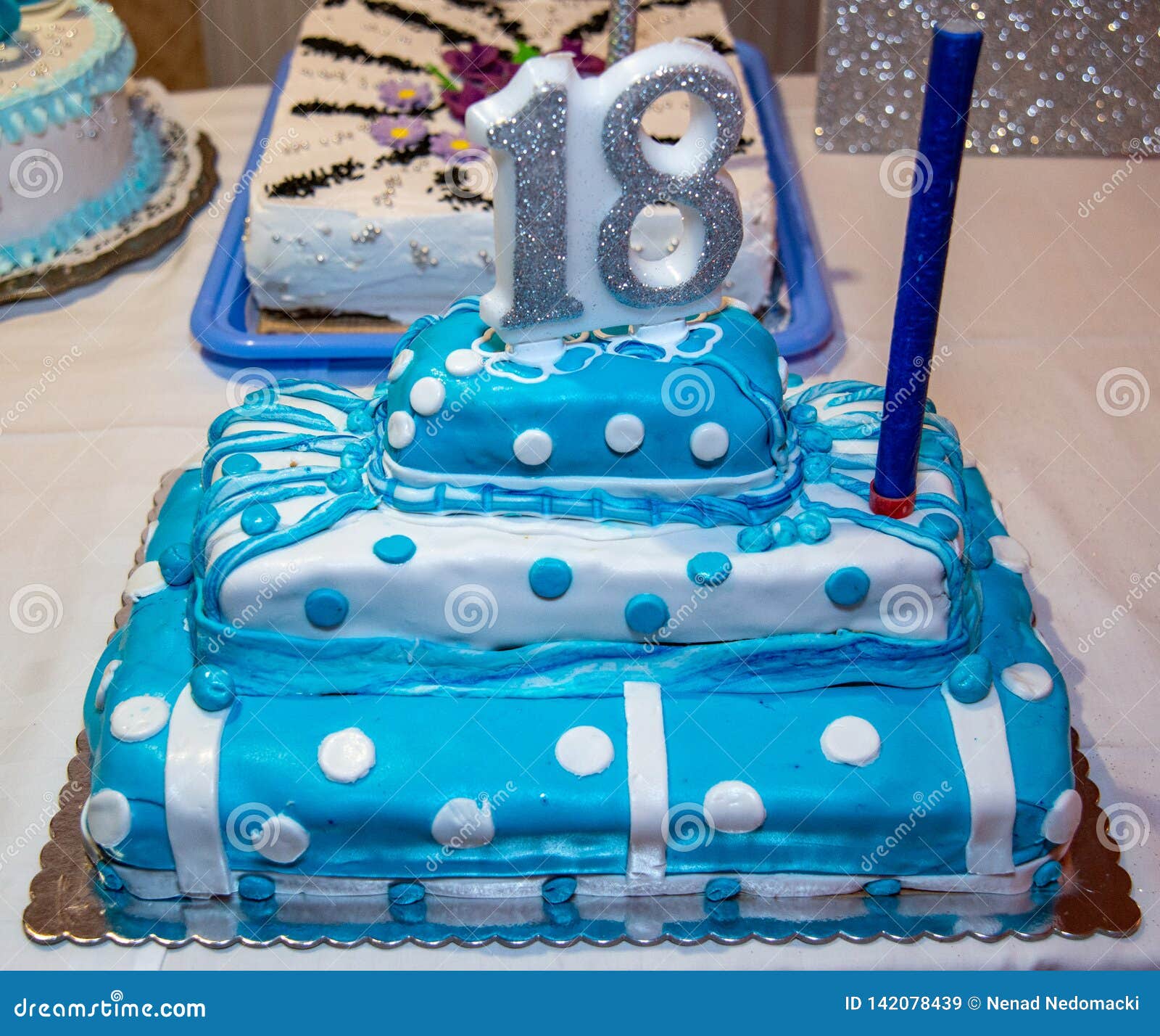 Birthday Blue Cake with Candle Stock Image - Image of celebration ...