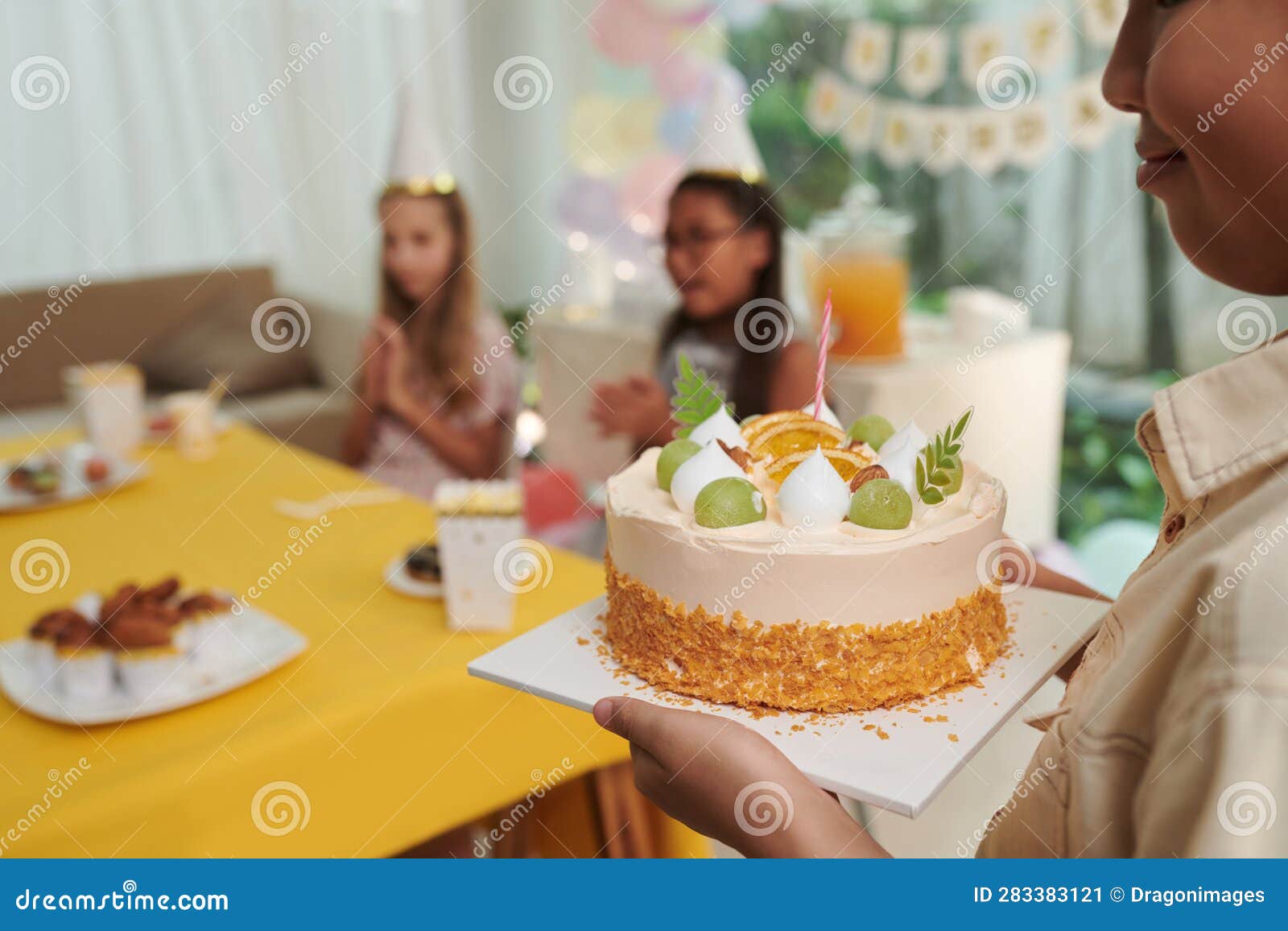 Birthday Boy Bringing Cake stock image. Image of plate - 283383121