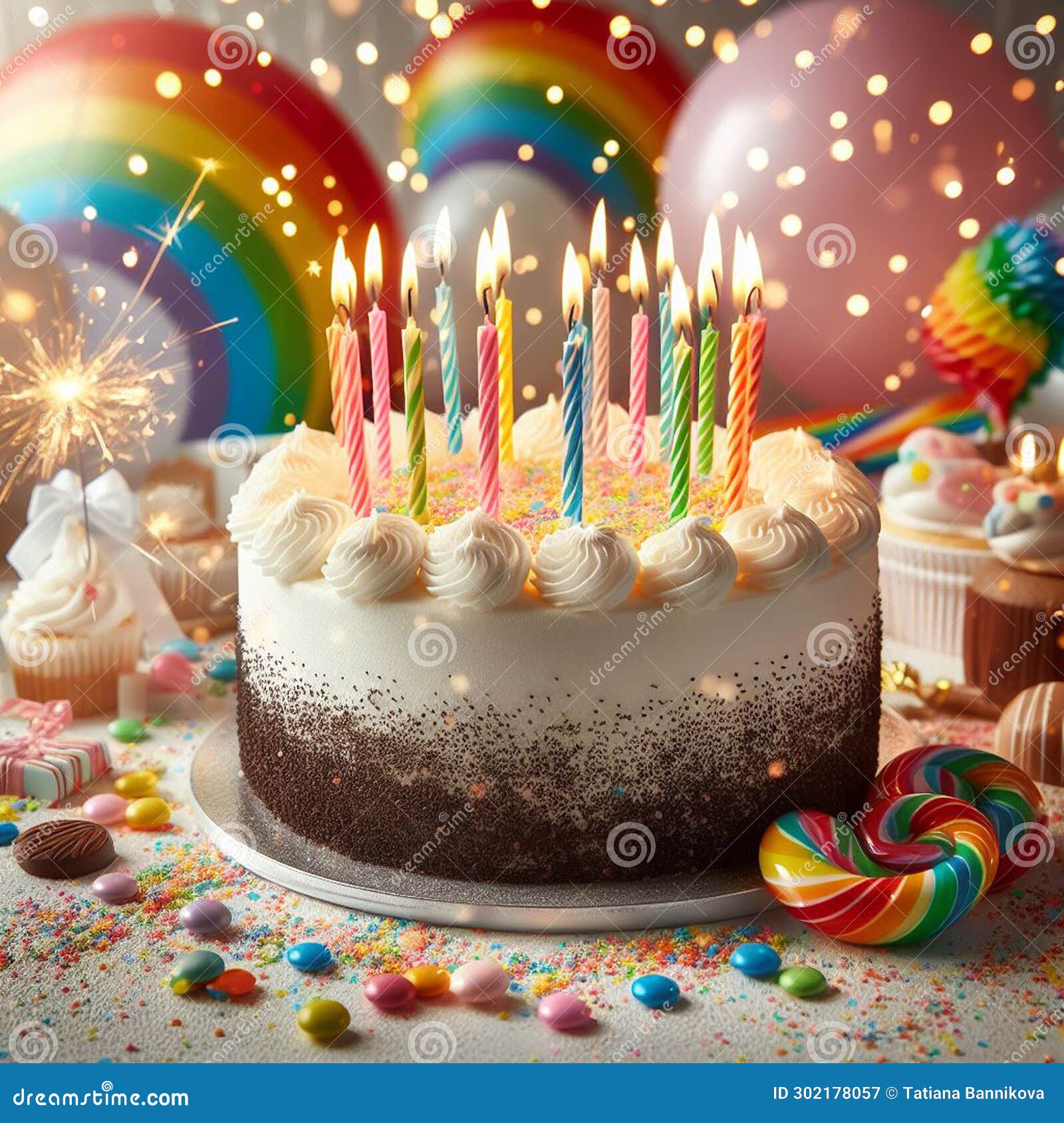 Birthday Cake With Burning Candles Balloons And Confetti Pastel