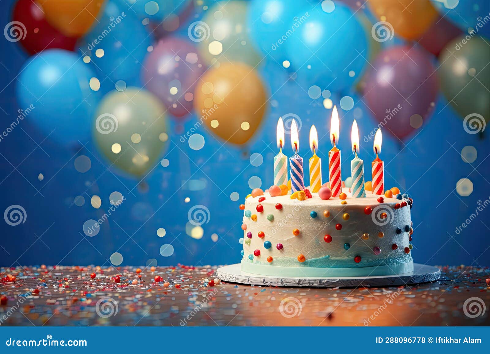 Birthday Cake With Burning Candles On Blue Background With Colorful