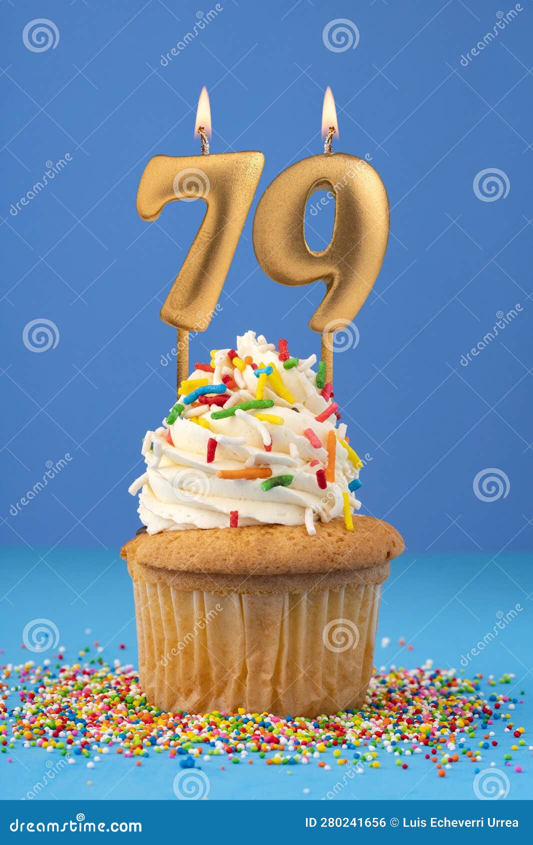 Birthday Cake with Candle Number 79 - Blue Background Stock Photo ...