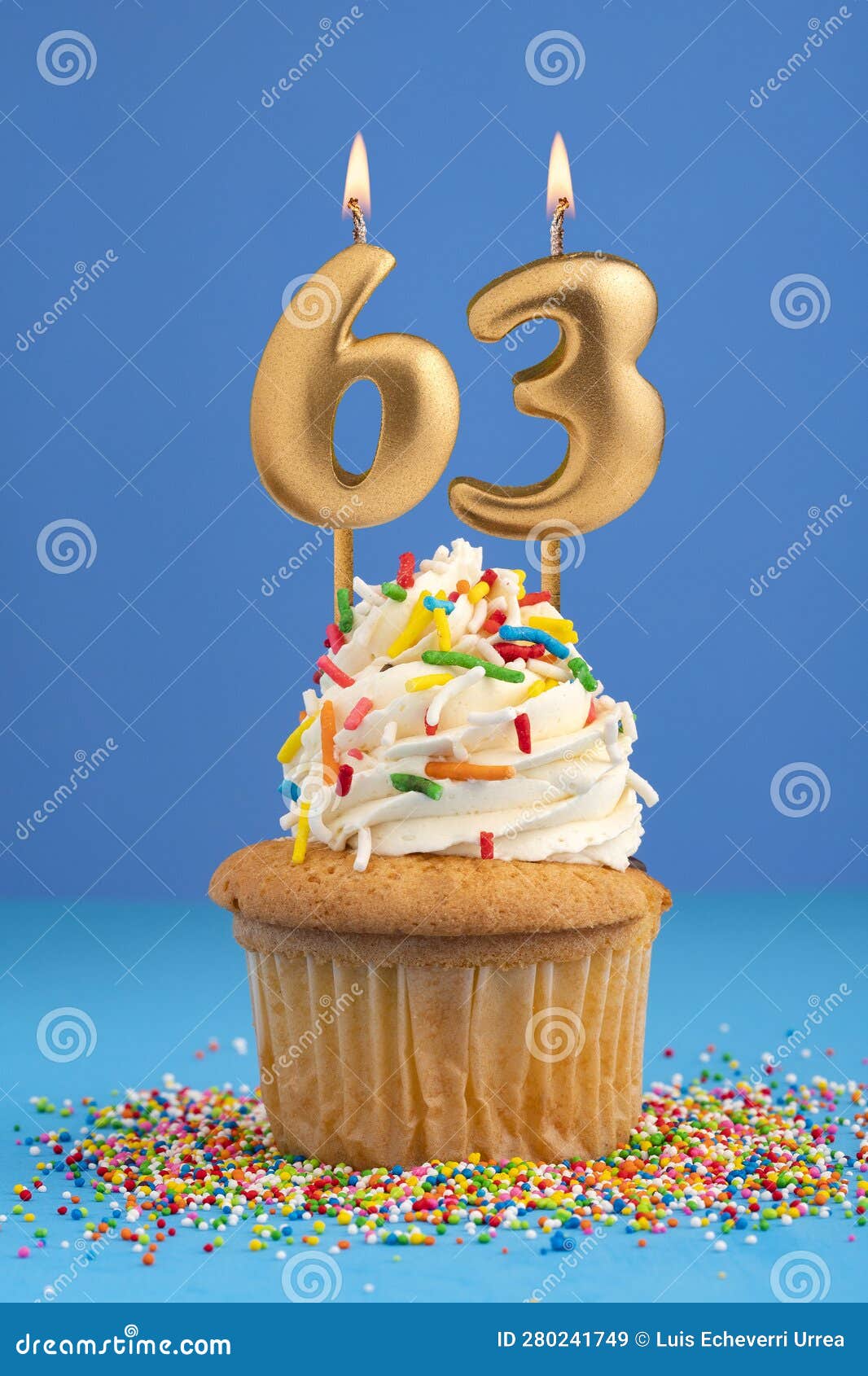 Birthday Cake with Candle Number 63 - Blue Background Stock Image ...
