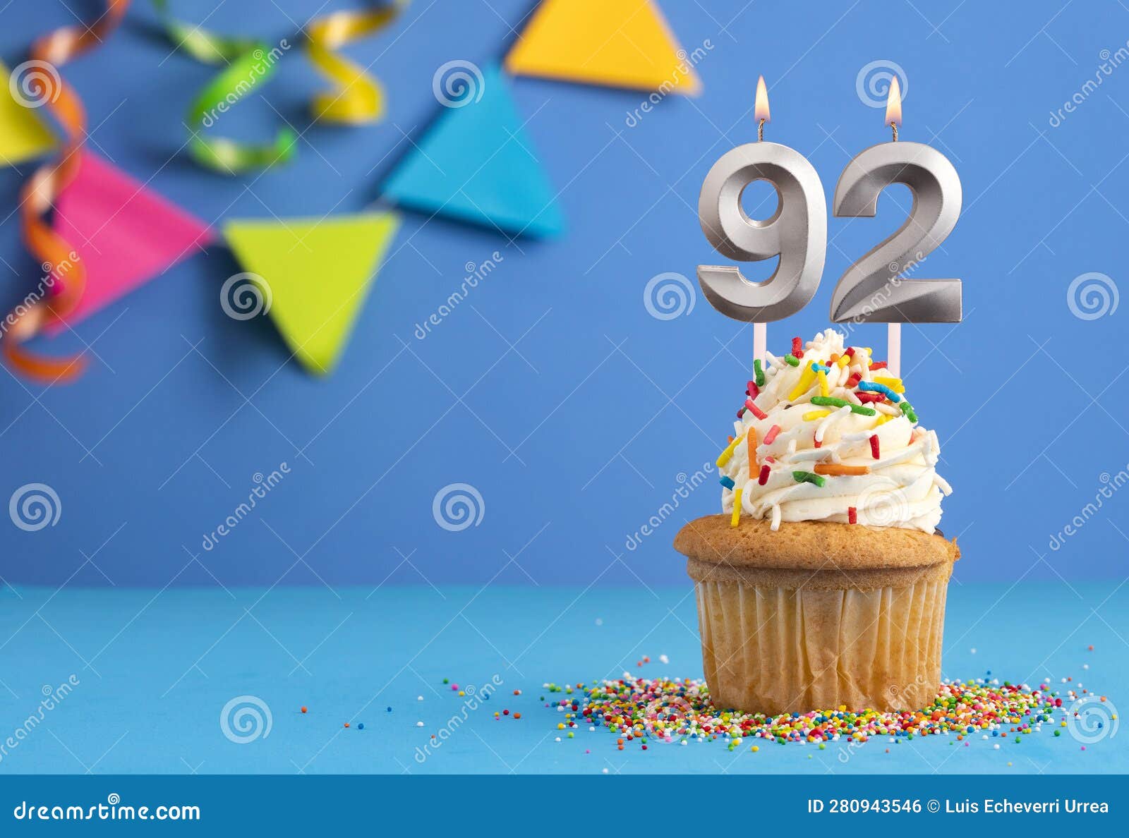Birthday Cake with Candle Number 92 - Blue Background Stock Photo ...