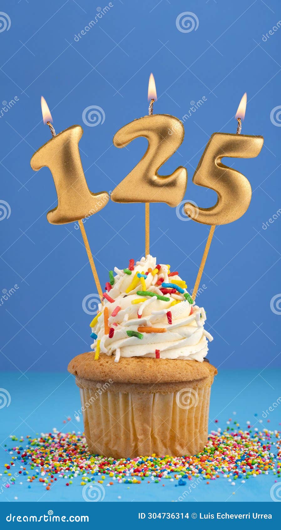 Birthday Cake with Candle Number 125 - Blue Background Stock Photo ...