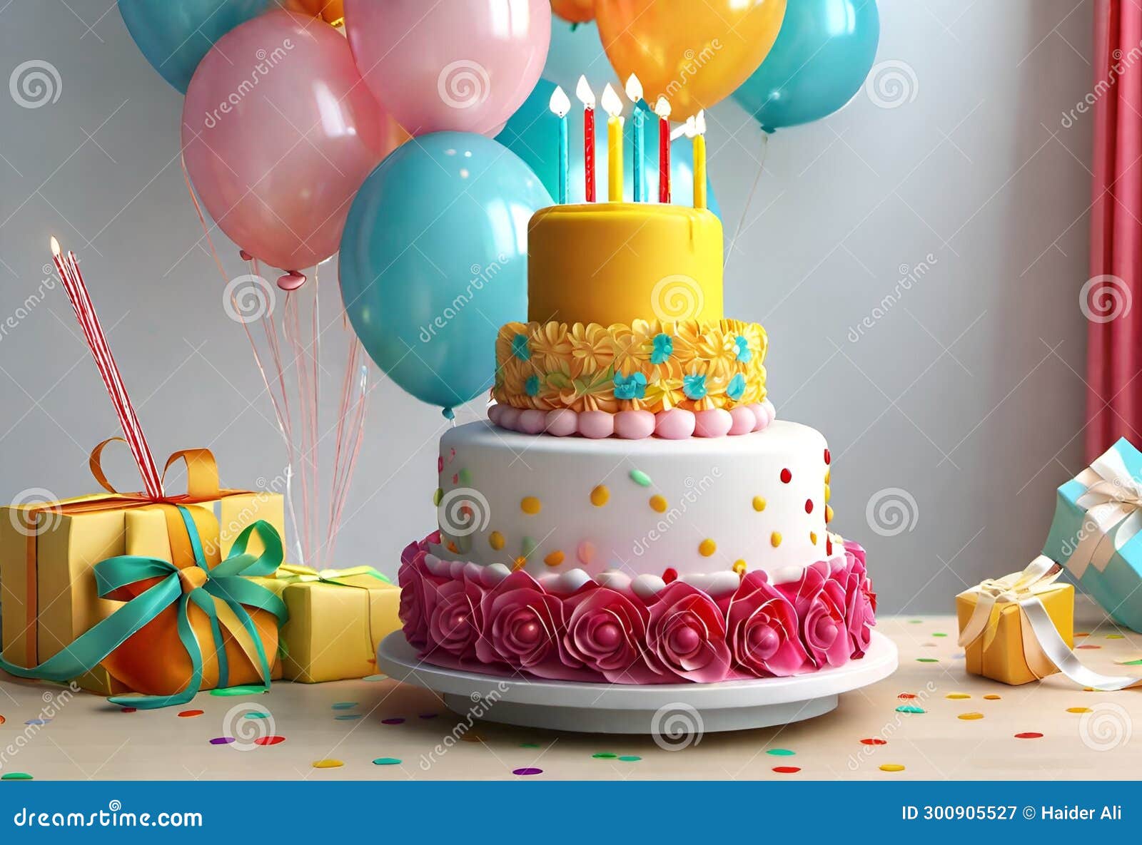 A Birthday Cake and Items Decorated in a Room. Stock Image - Image of ...