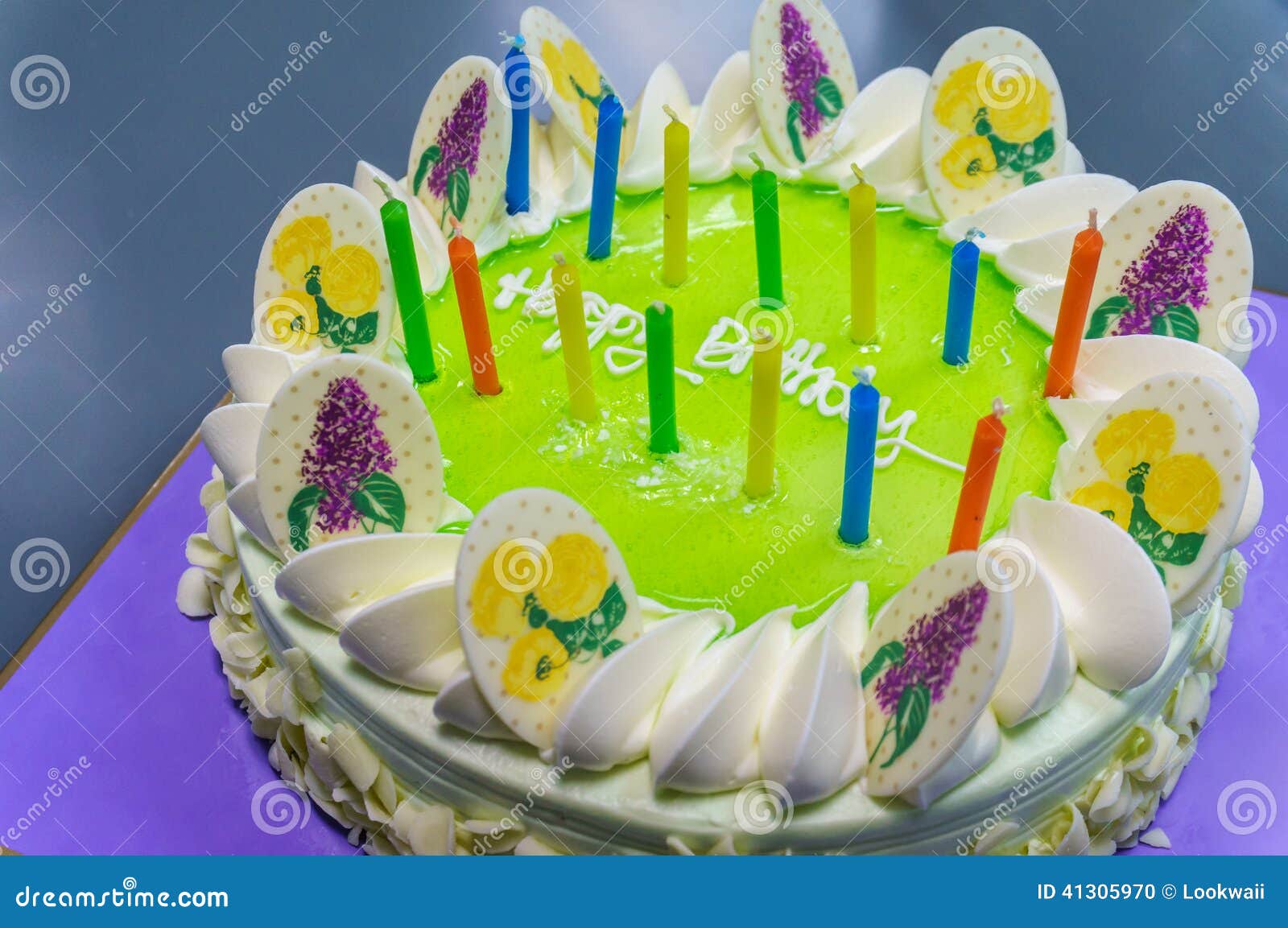 Birthday Cake Lit with Candles. Stock Photo - Image of confection ...