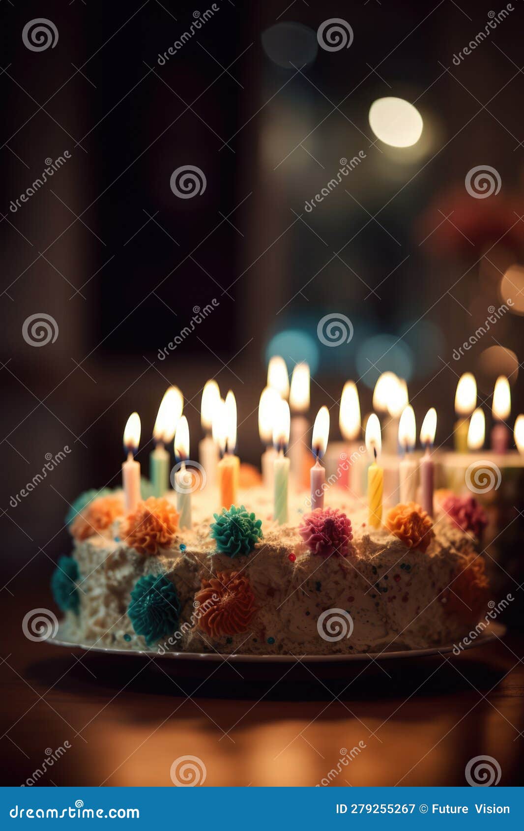 Birthday Cake With Lit Candles On Table Created Using Generative Ai