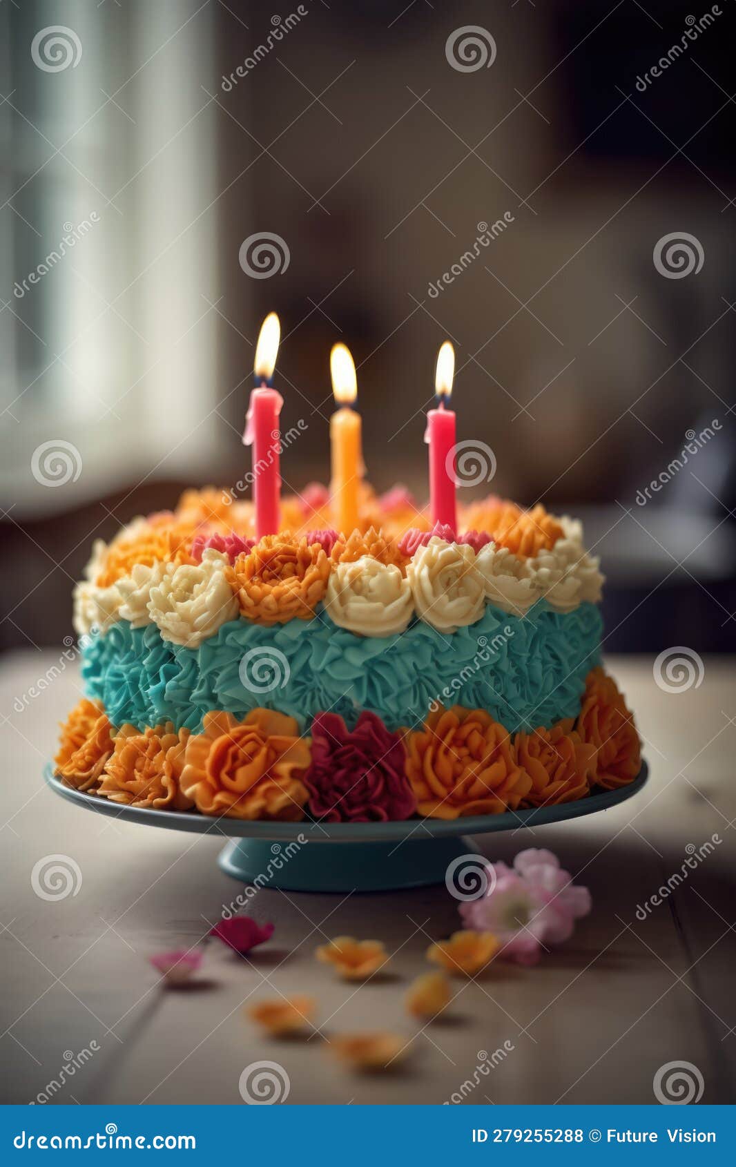 Birthday Cake With Lit Candles On Table Created Using Generative Ai